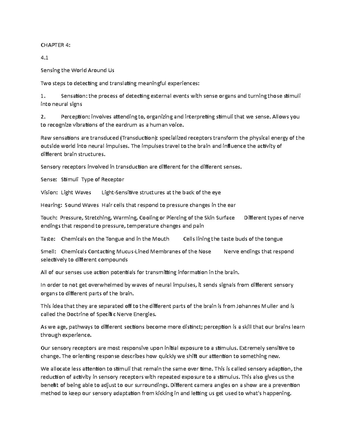 CHAP 4 Psych - full chapter notes - CHAPTER 4: 4. Sensing the World ...
