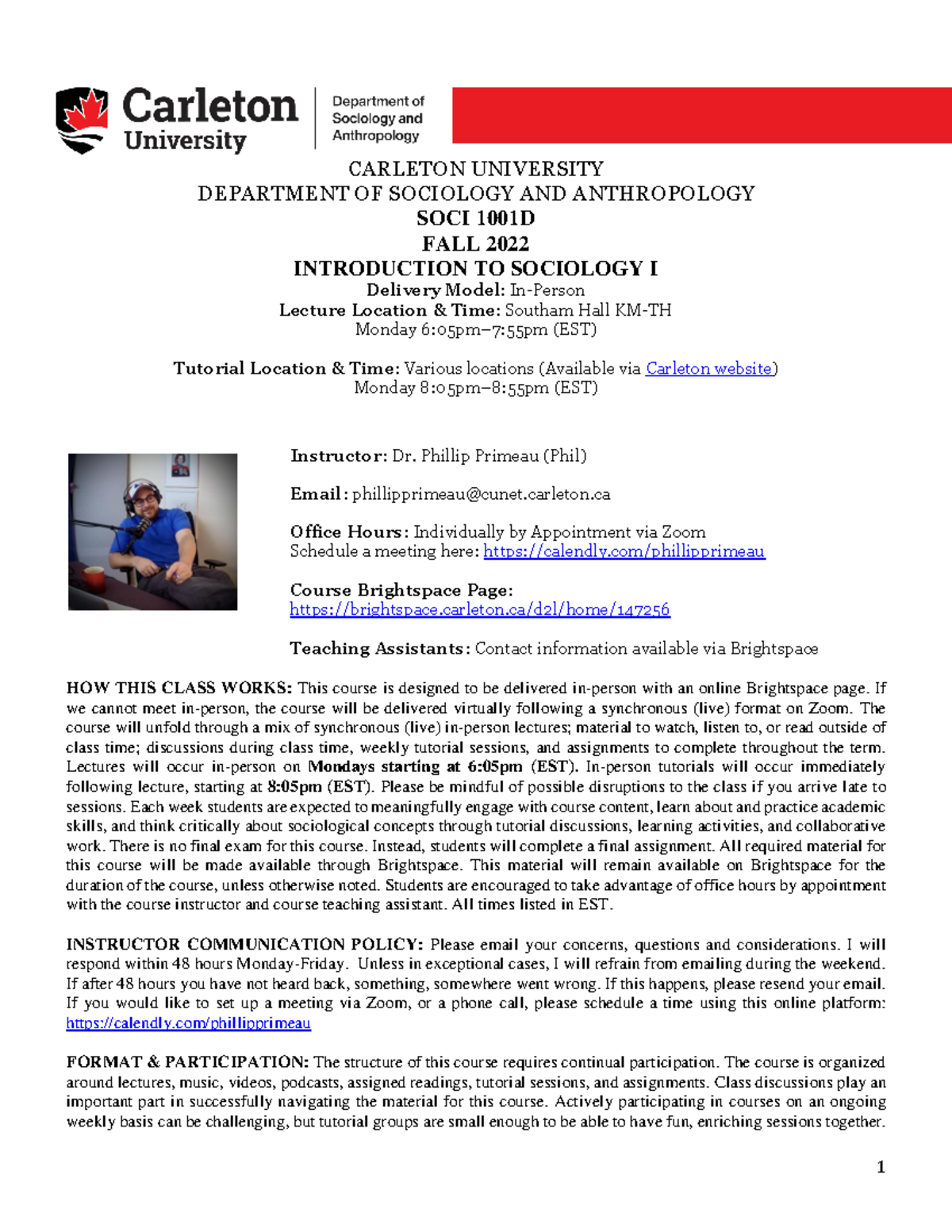 SOCI 1001D Phillip Primeau - CARLETON UNIVERSITY DEPARTMENT OF ...