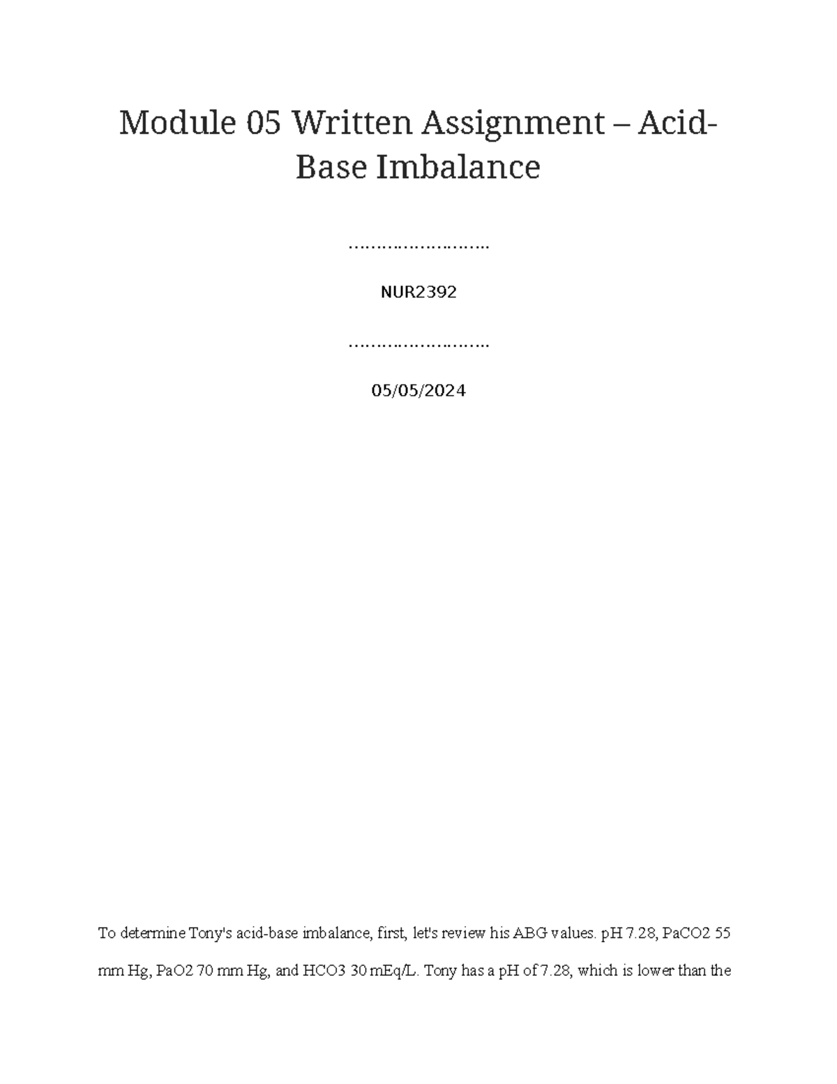 MDC 2 Module 5 Written Assignment: Acid-Base Imbalance - Module 05 Written Assignment – Acid ...