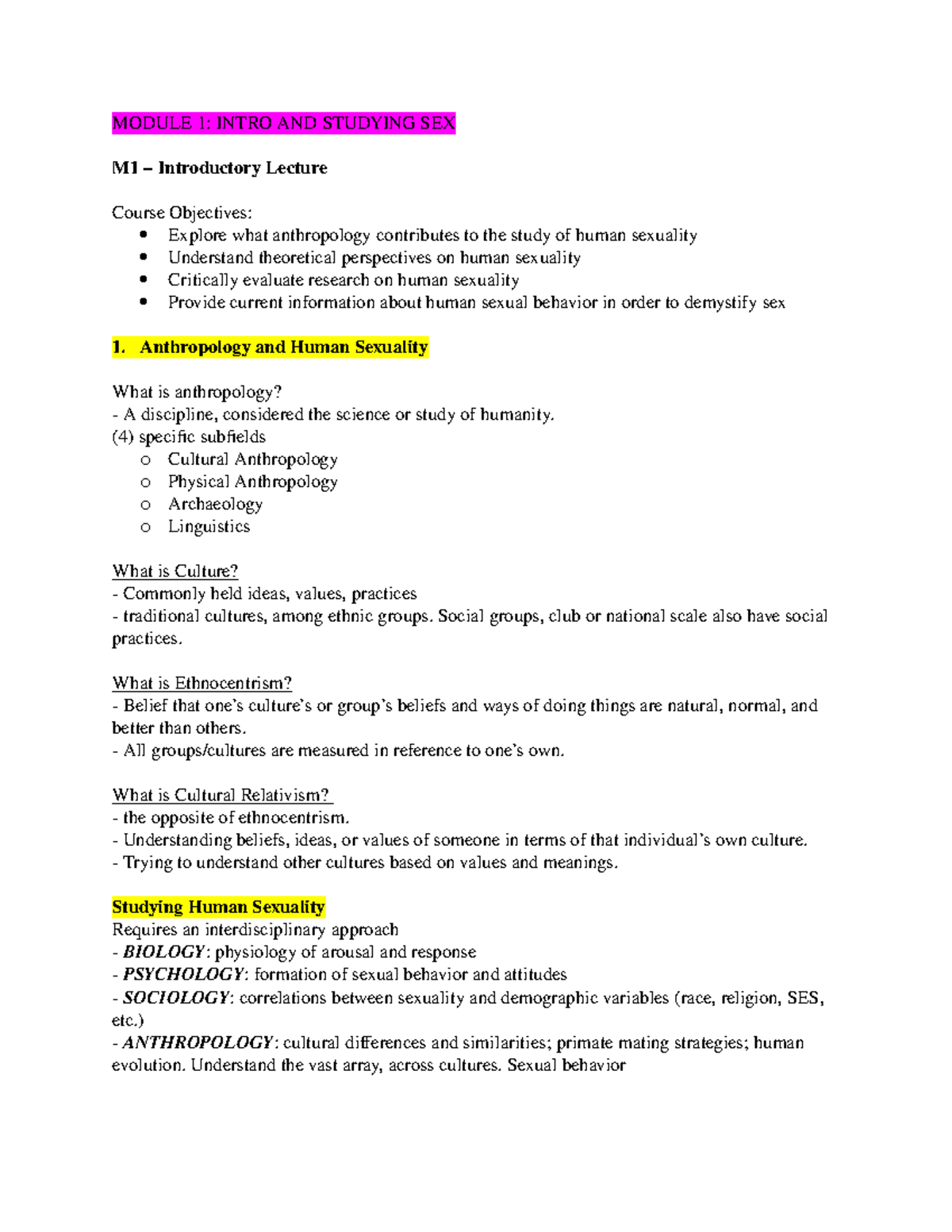Module 1 - Lecture notes 1 - MODULE 1: INTRO AND STUDYING SEX M1 ...