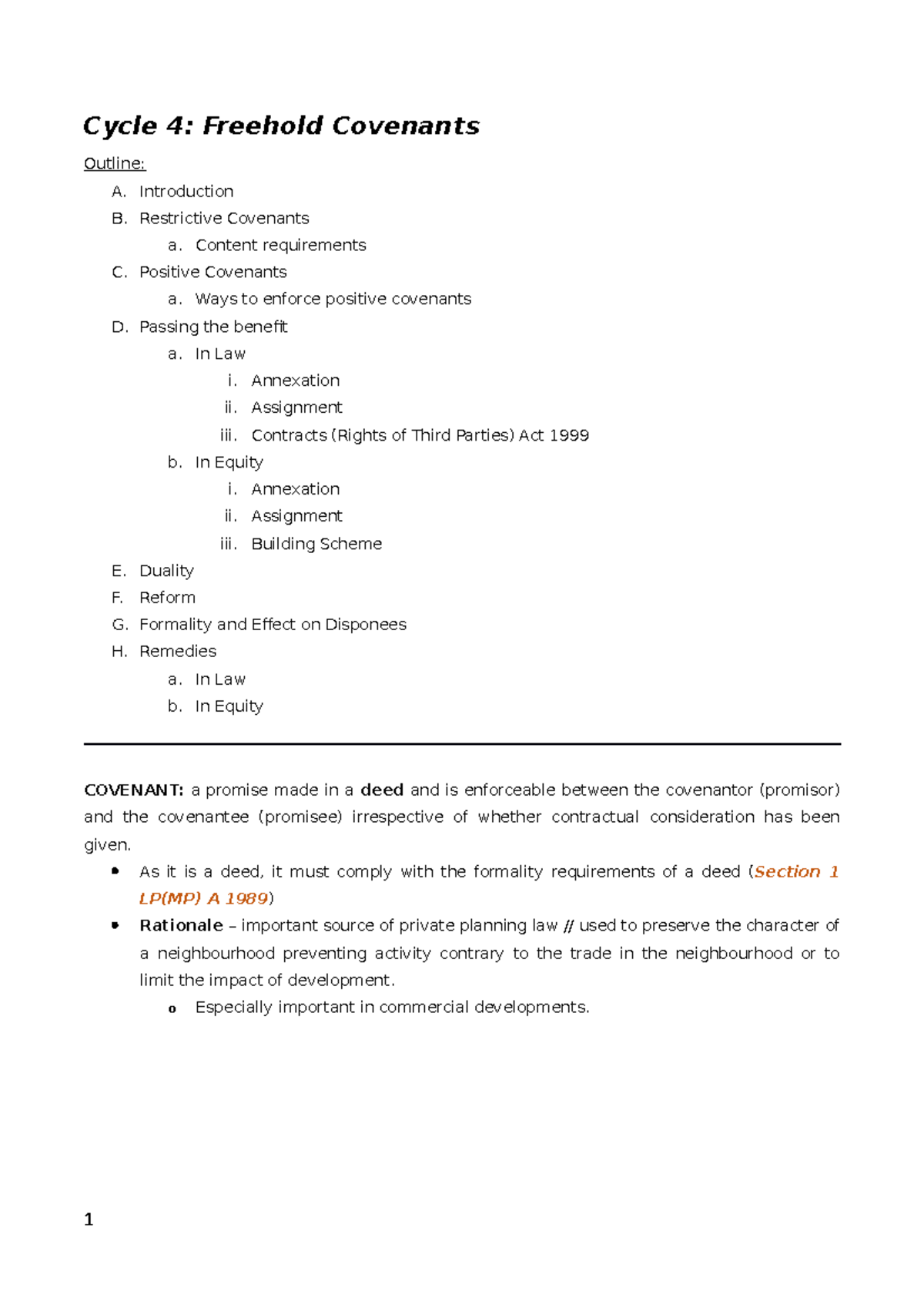 Cycle 4 - Freehold Covenants - Cycle 4: Freehold Covenants Outline: A ...