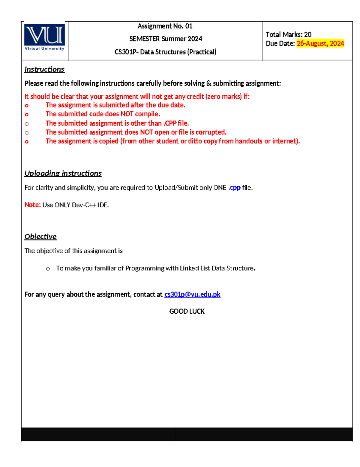 Summer 2024 CS301 - Assignment No. 01 SEMESTER Summer 2024 CS301P- Data Structures (Practical ...