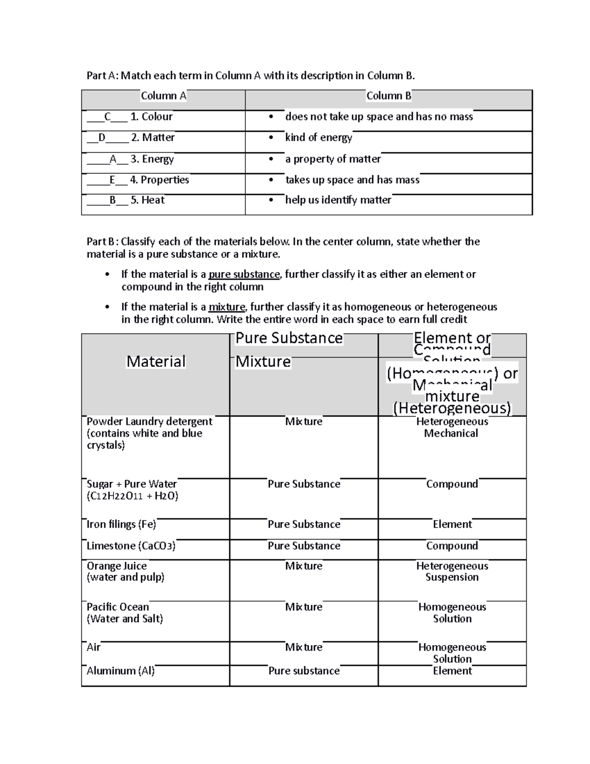 Classifying Matter and a whole ltta other stuff - Part A: Match each ...