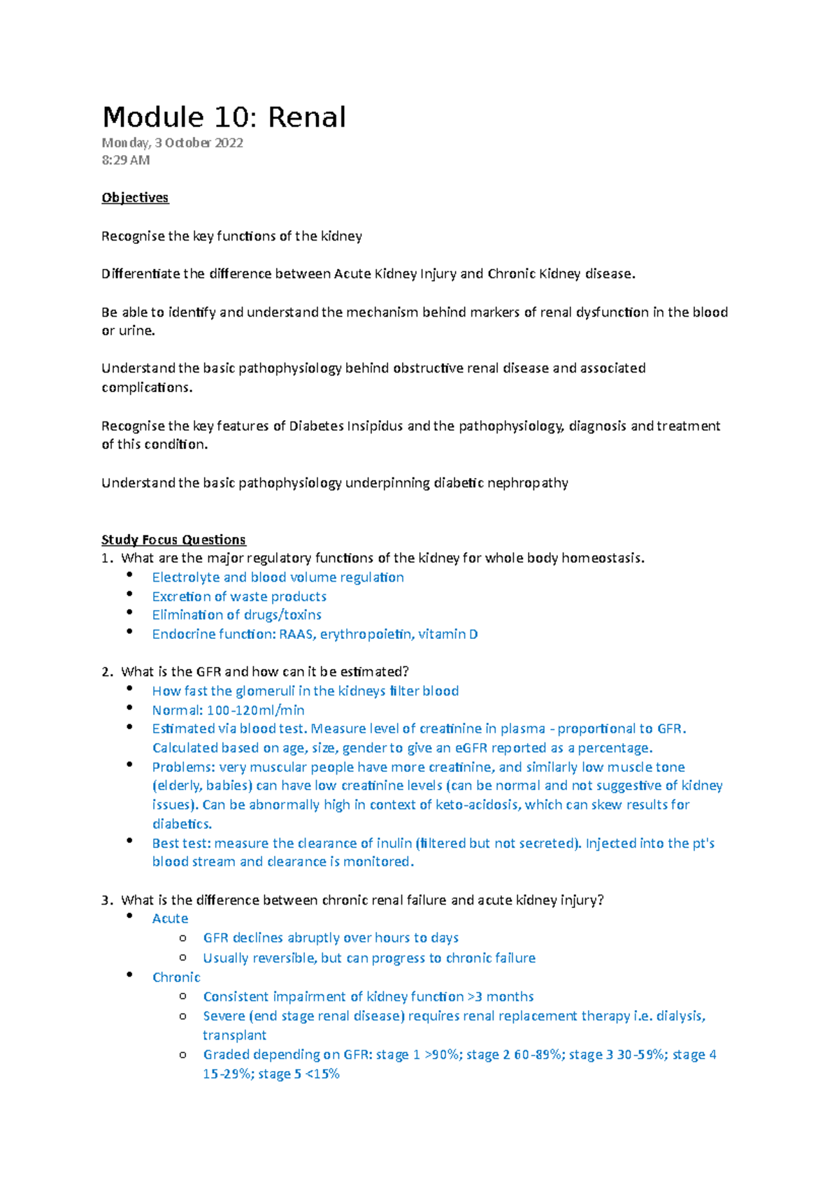 Module 10 Renal - study focus question answers - Module 10: Renal ...