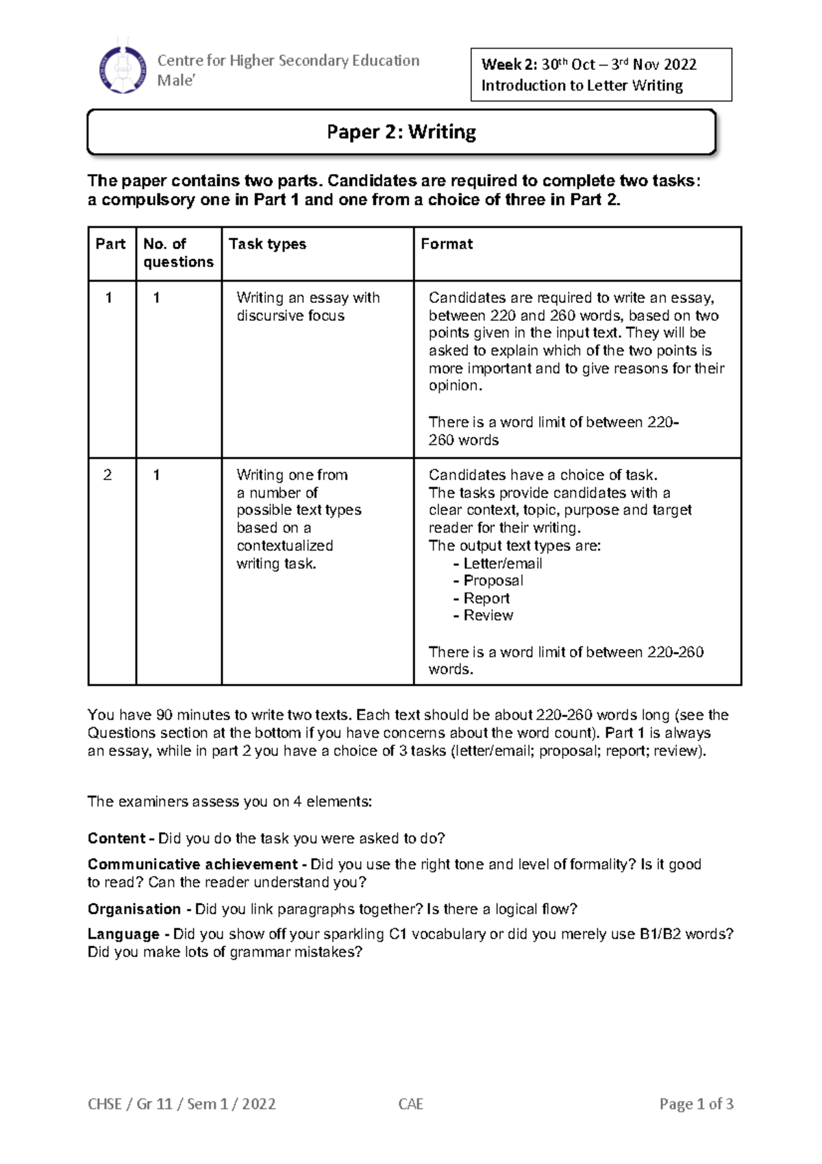 Writing (Part 2 - Informal Letter) - Centre for Higher Secondary ...