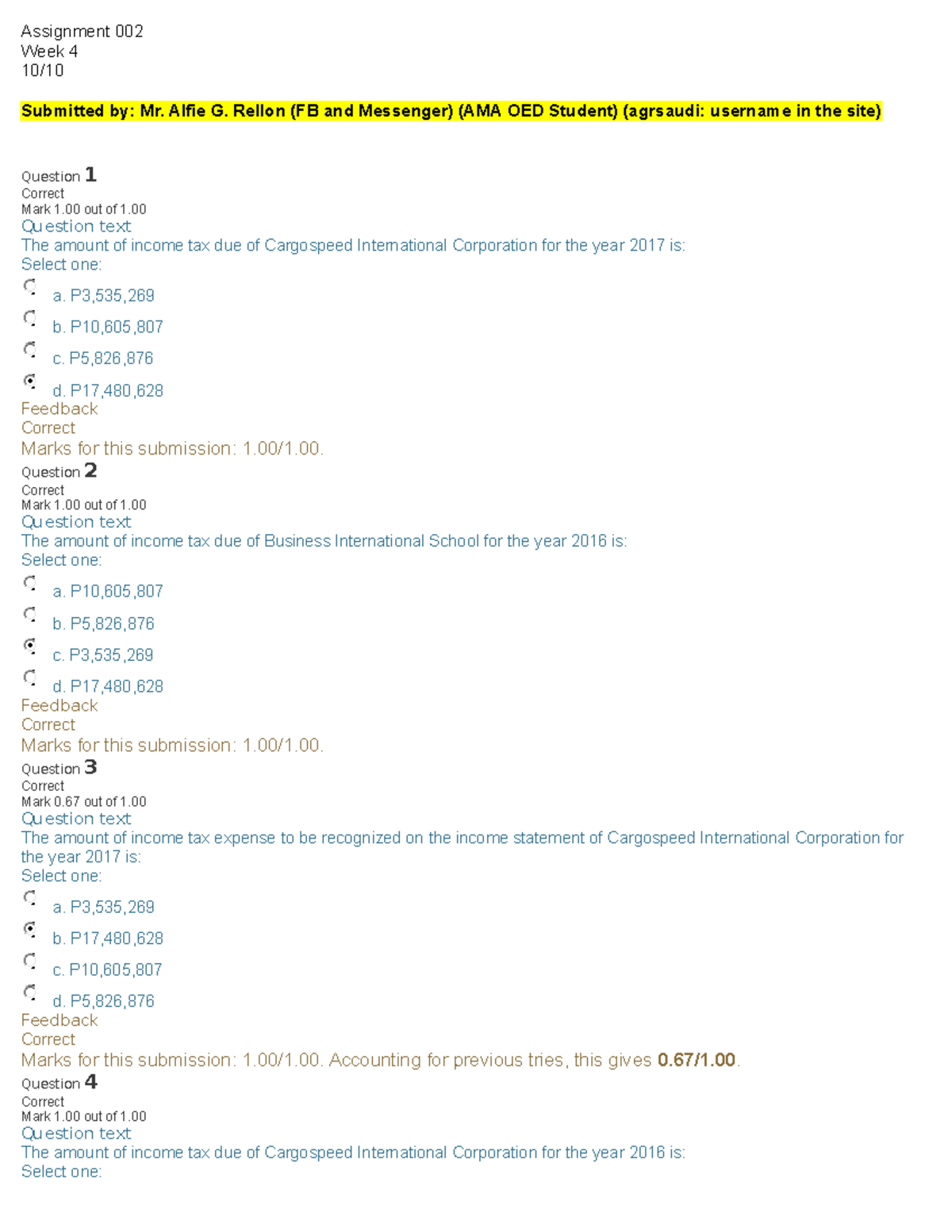 44BAMM6202 Assignment 002 - Assignment 002 Week 4 10/ Submitted by: Mr. Alfie G. Rellon (FB and ...