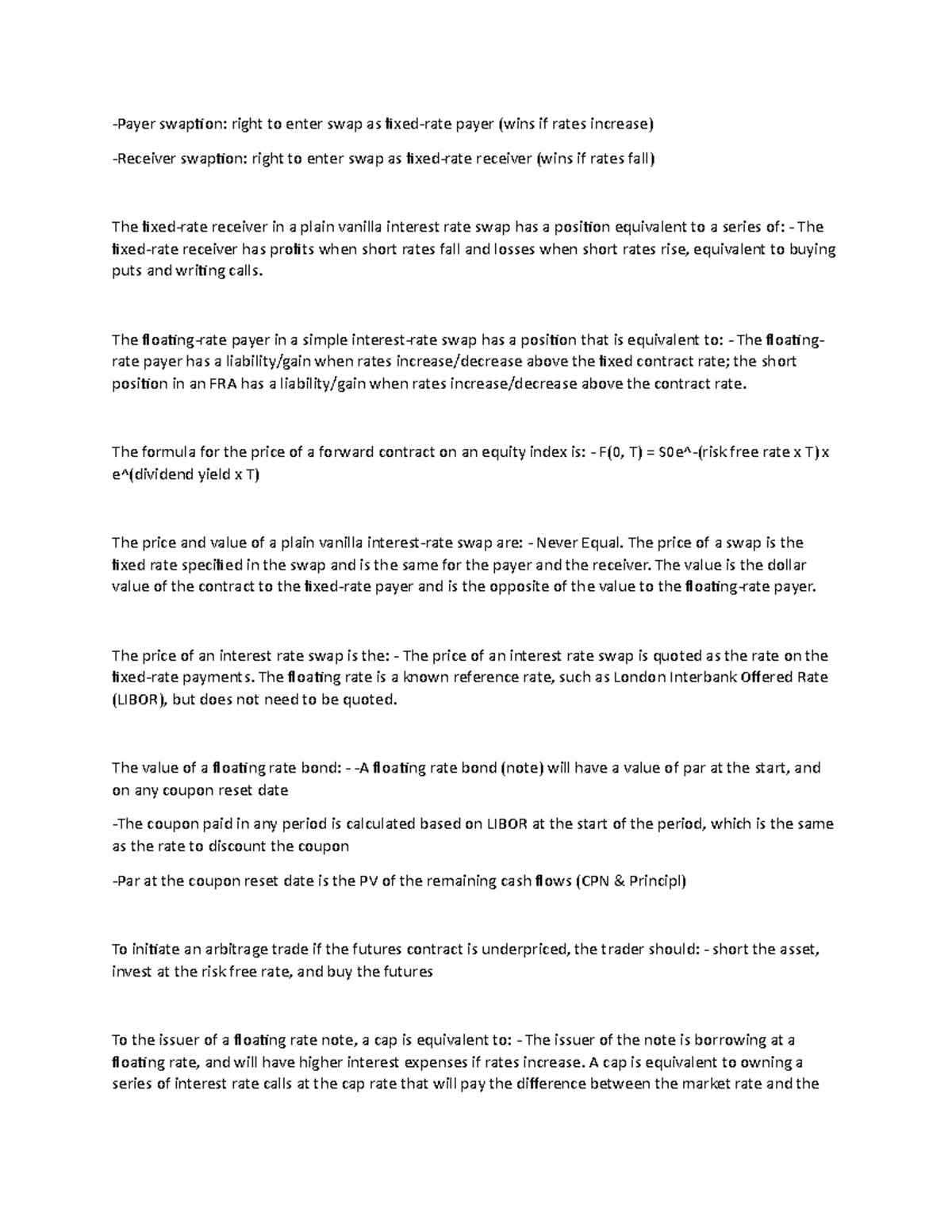 Note 4 - study guide -Payer swaption: right to enter swap as fixed-rate ...