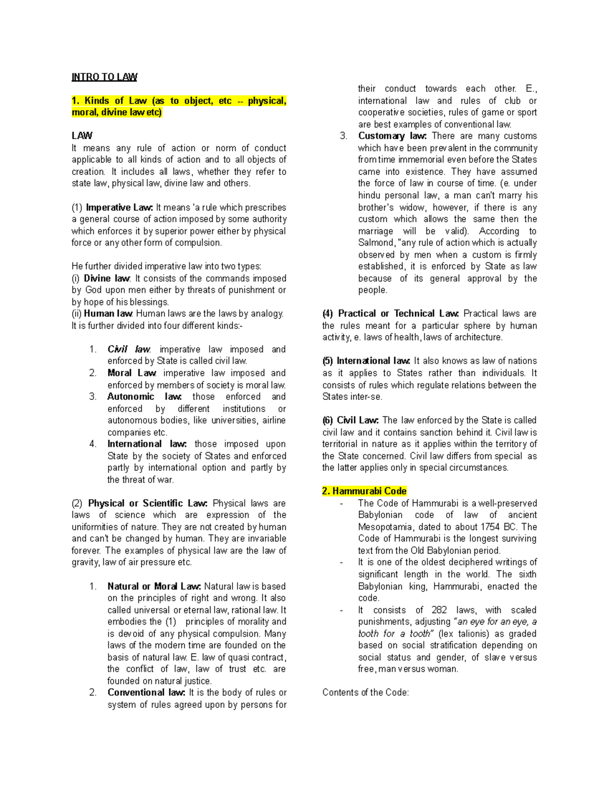 Intro and Leg Prof - LECTURE NOTES FOR LAW - INTRO TO LAW Kinds of Law ...