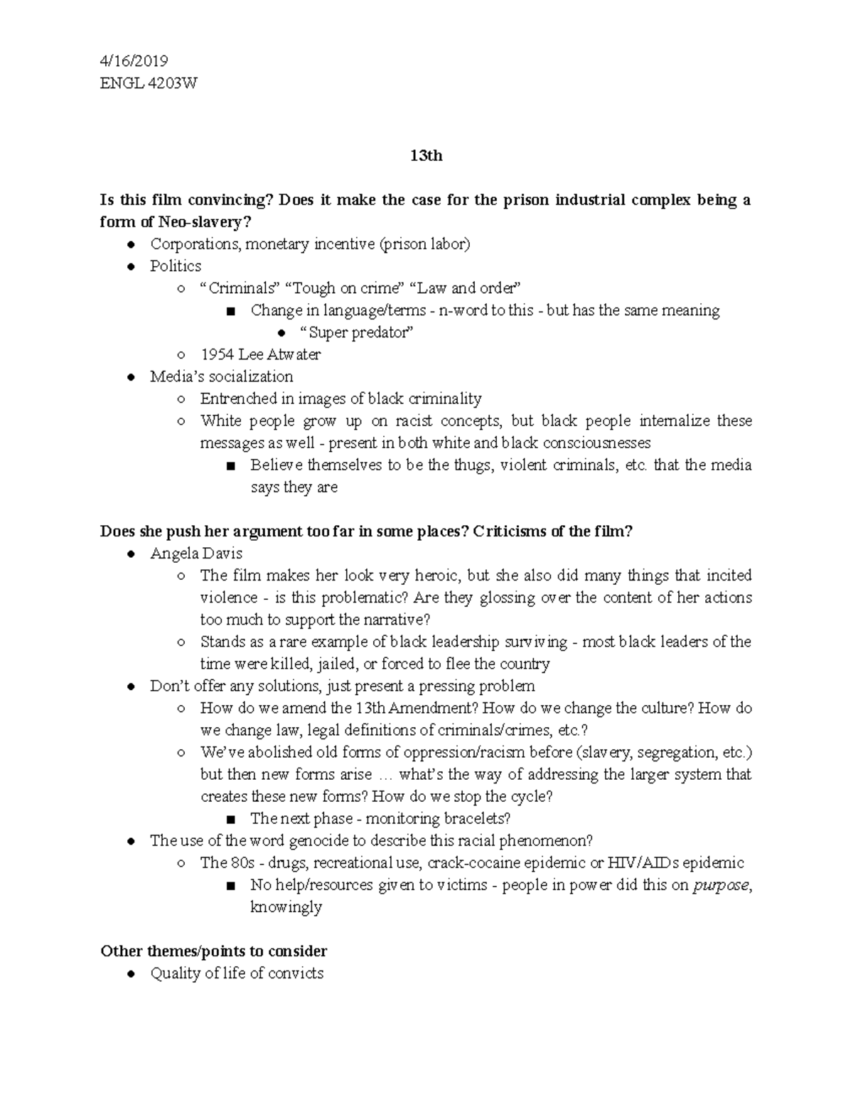 13th, Ava Duvernay Film Notes - 4/16/ ENGL 4203W 13th Is this film ...