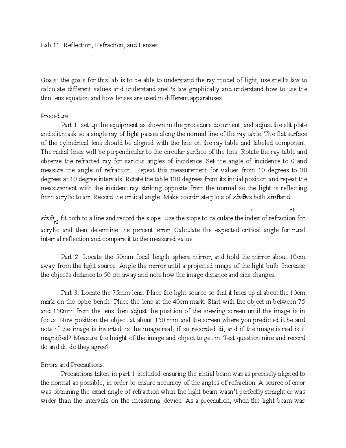 Lab 11 Reflection Refraction And Lenses 2 𝑖 Lab 11 Reflection
