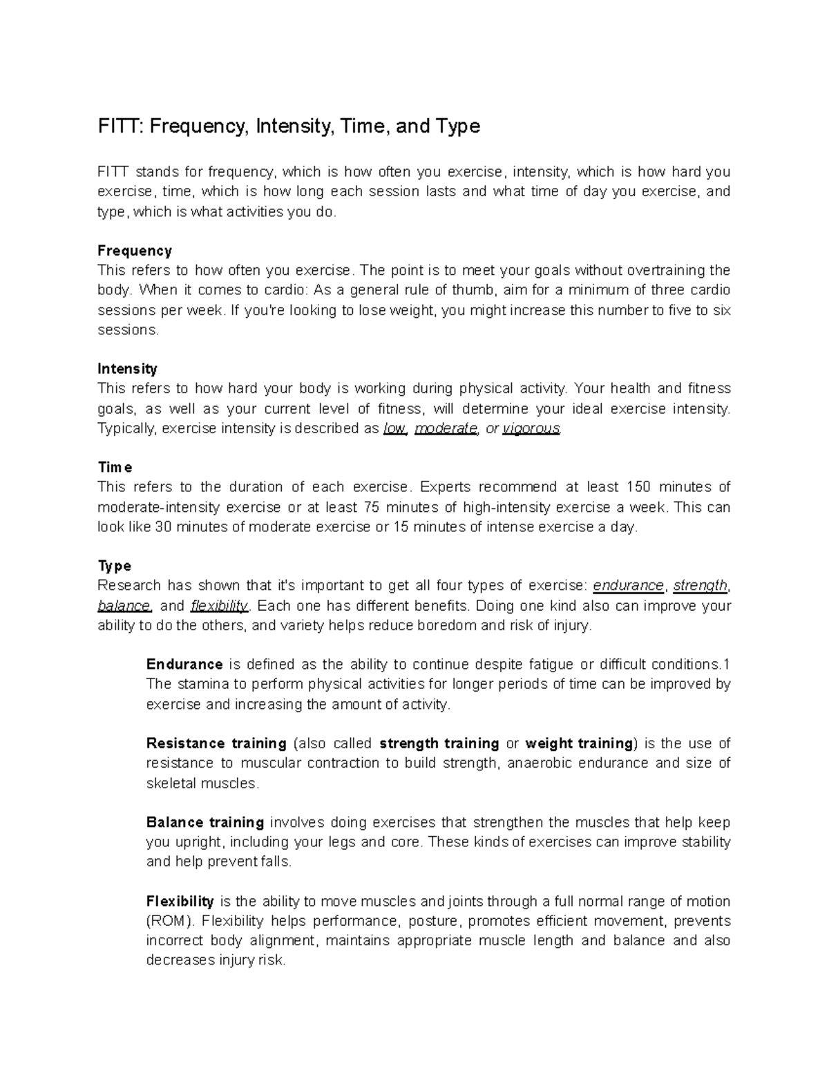 FITT - FITT: Frequency, Intensity, Time, and Type FITT stands for ...