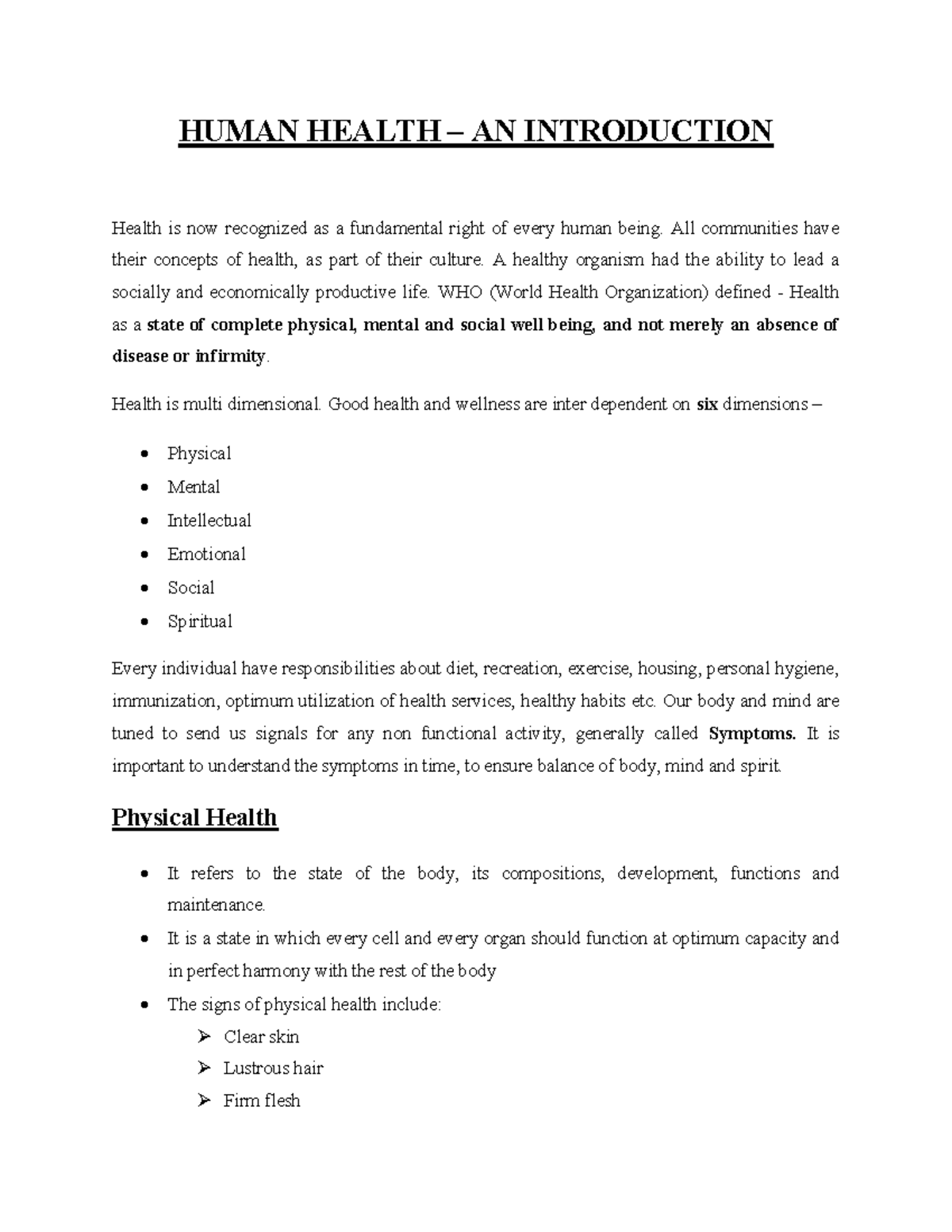 Health - HUMAN HEALTH – AN INTRODUCTION Health is now recognized as a ...