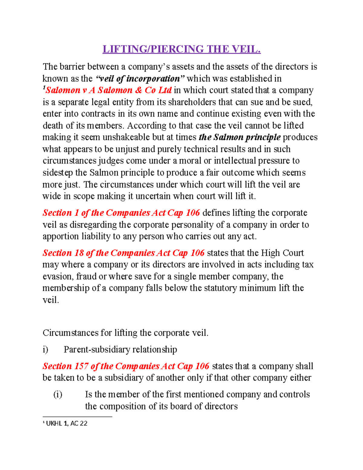 Lifting THE VEIL - LIFTING/PIERCING THE VEIL. The barrier between a company’s assets and the ...