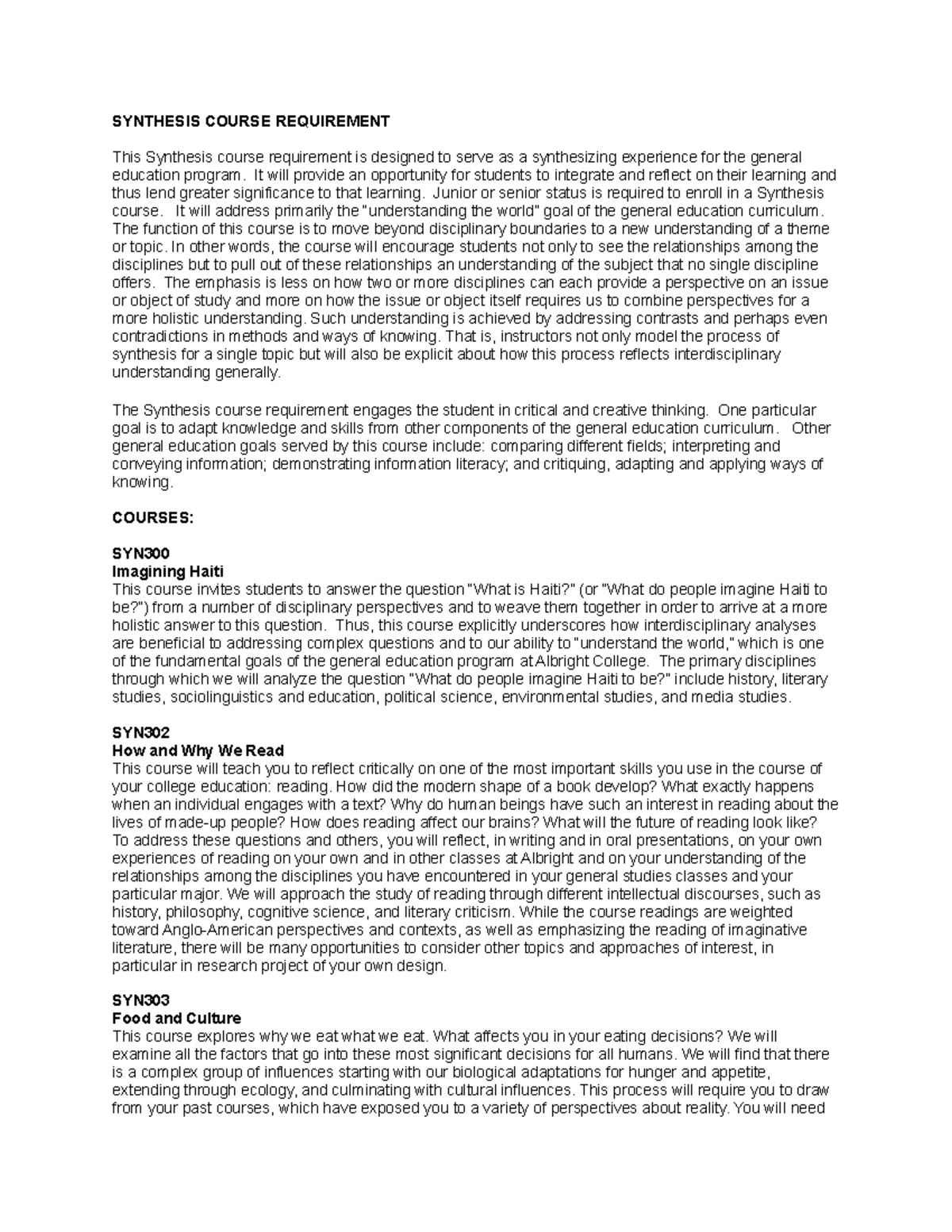 Synthesis Course Descriptions 11 22 19 - SYNTHESIS COURSE REQUIREMENT ...