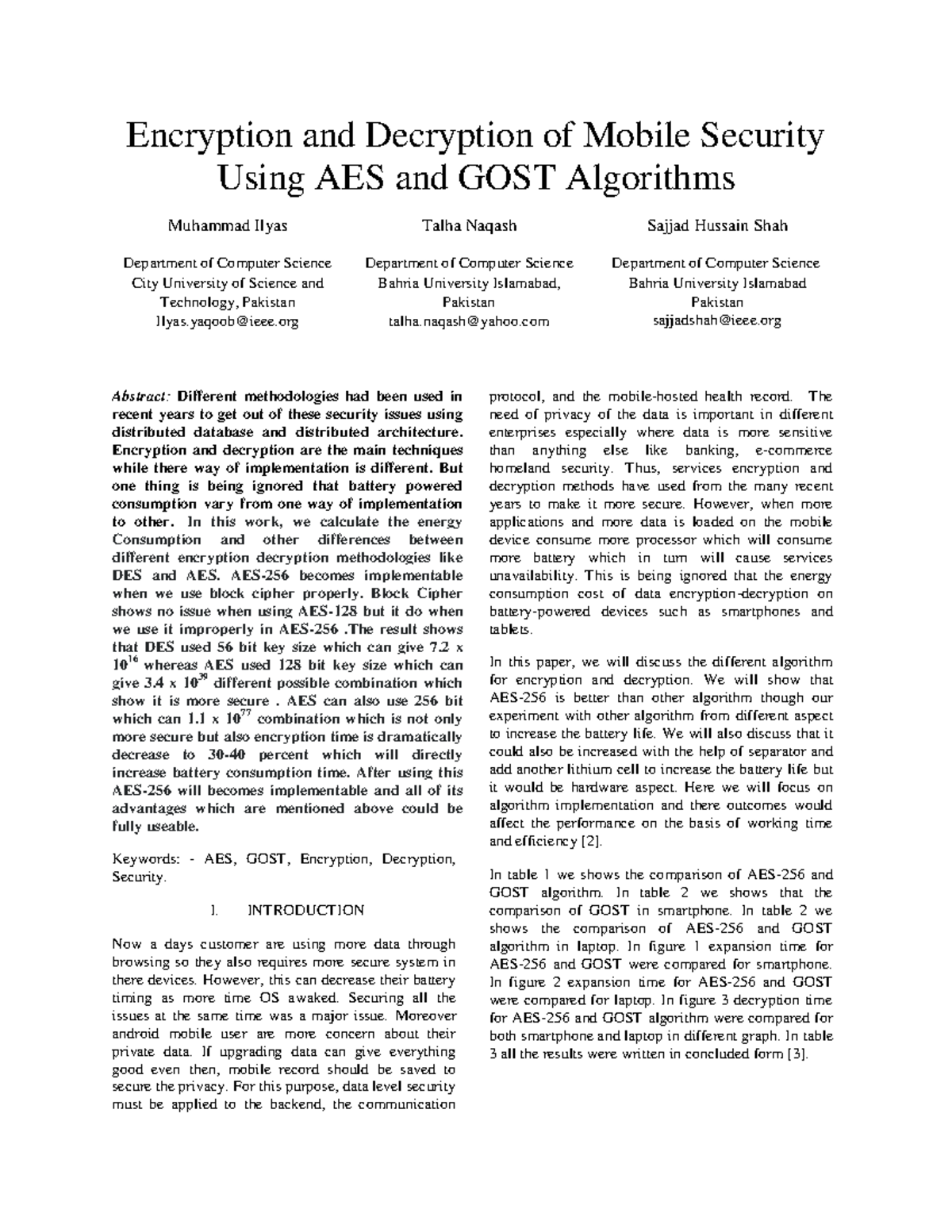 Encryption and Decryption of Mobile Security Using AES and GOST ...
