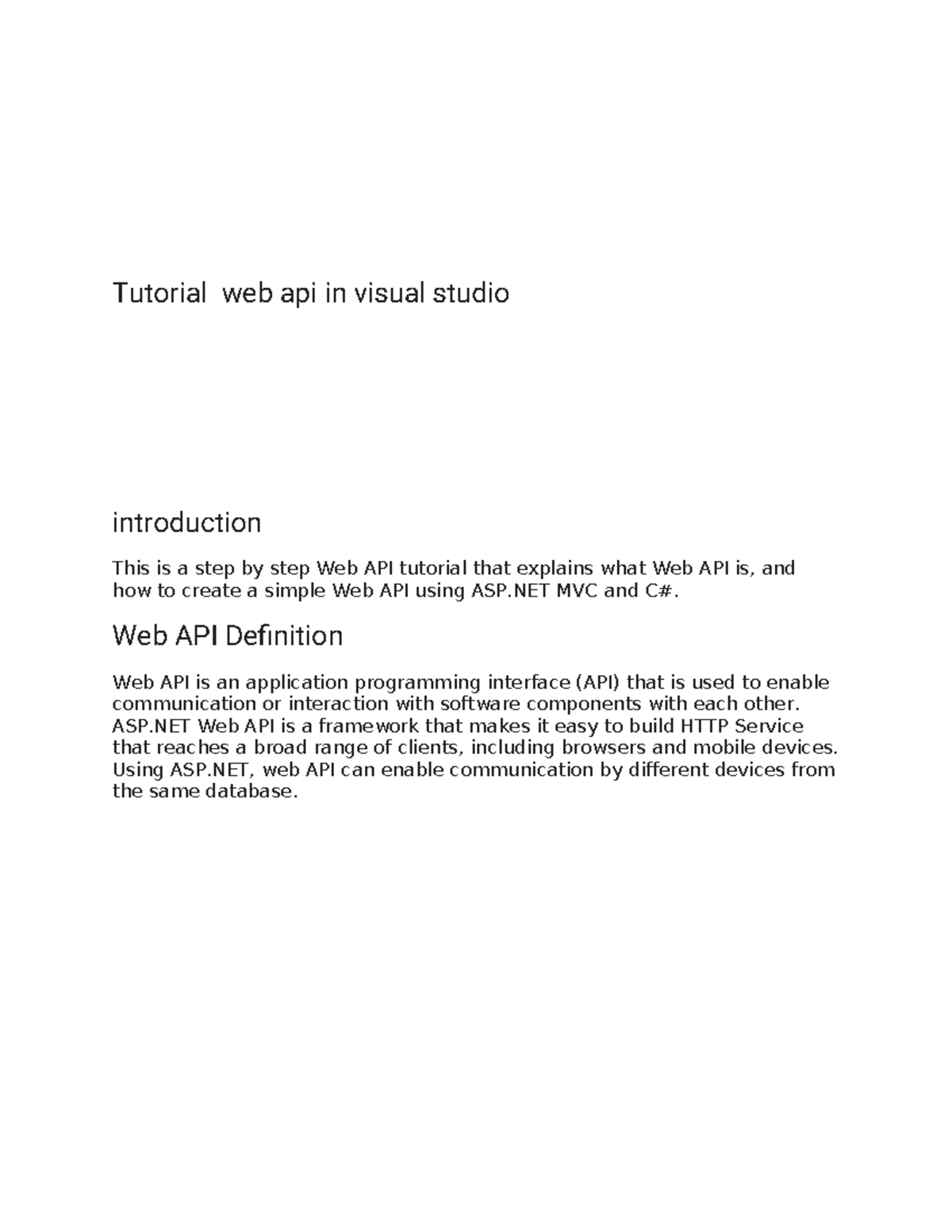 Development web aspnet - Tutorial web api in visual studio introduction This is a step by step ...