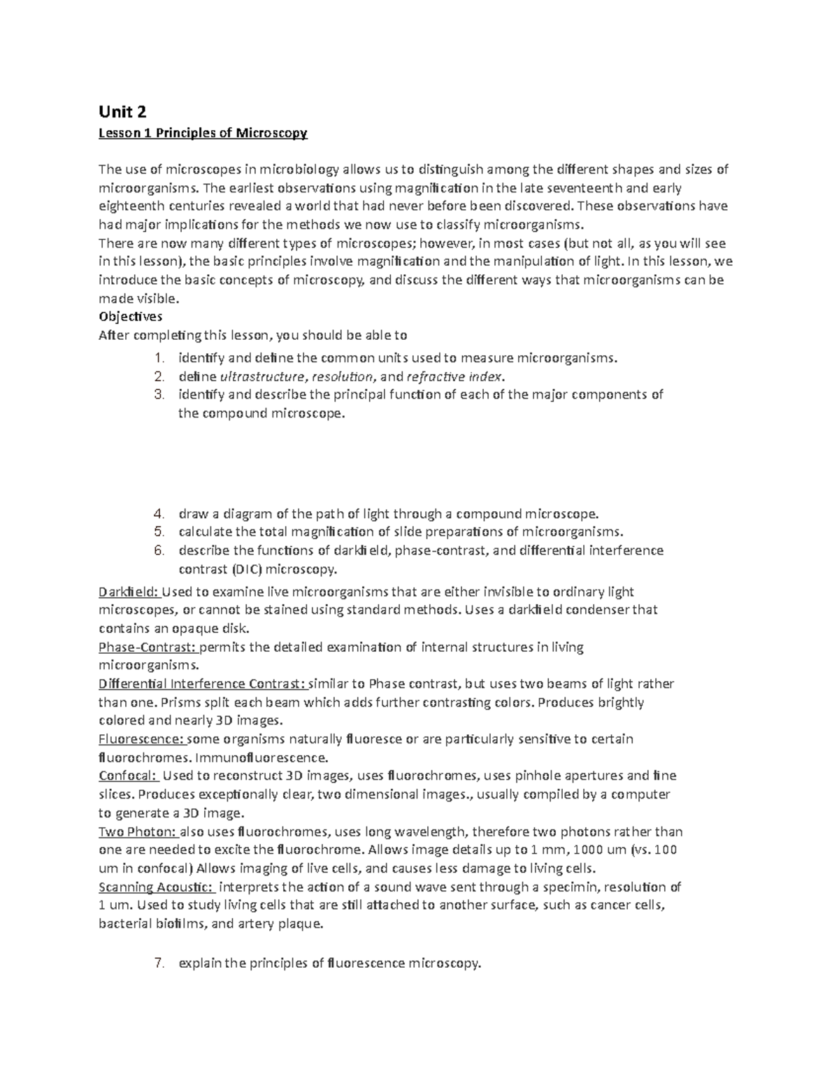 Unit 2 Study Guide - Unit 2 Lesson 1 Principles of Microscopy The use ...