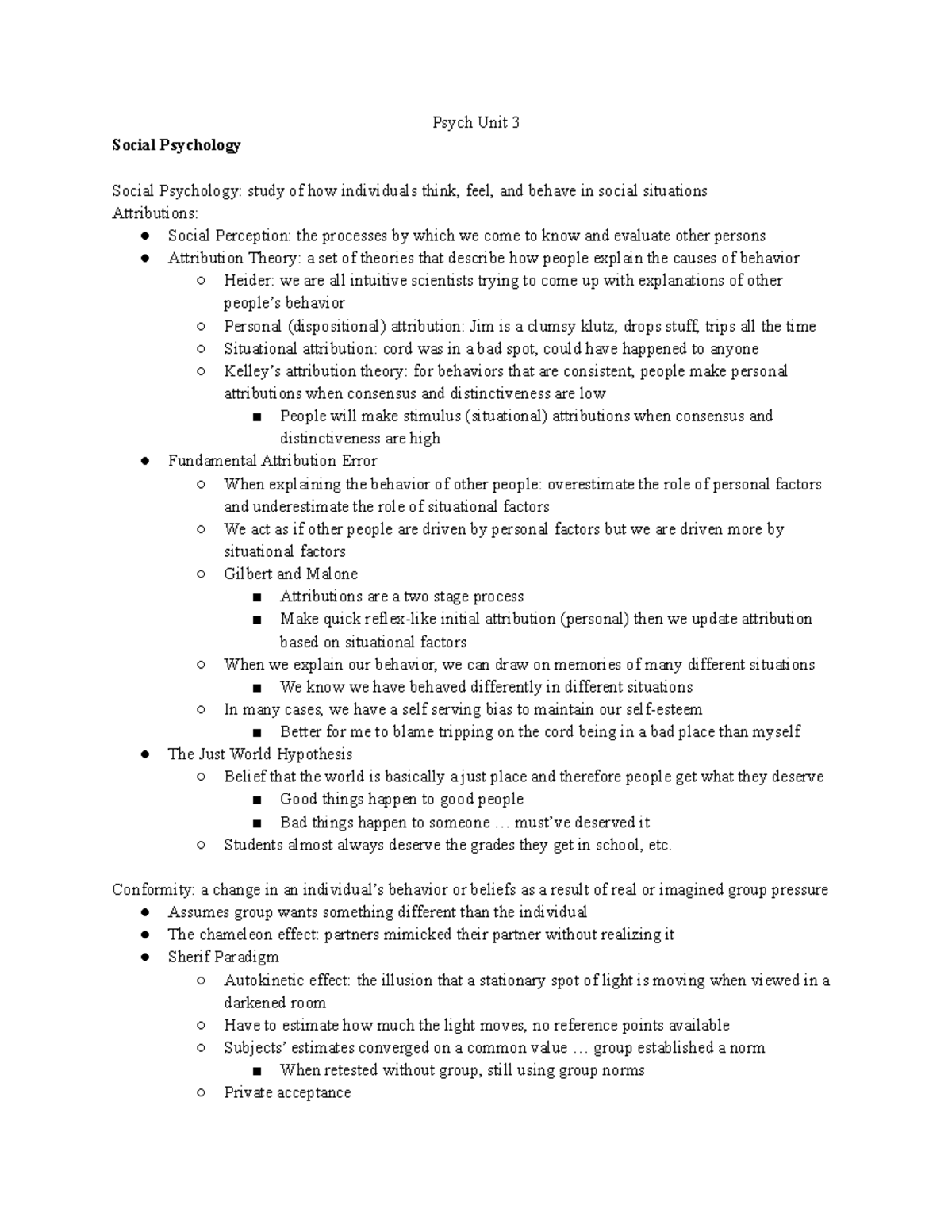 Unit 3 notes - Psych Unit 3 Social Psychology Social Psychology: study ...