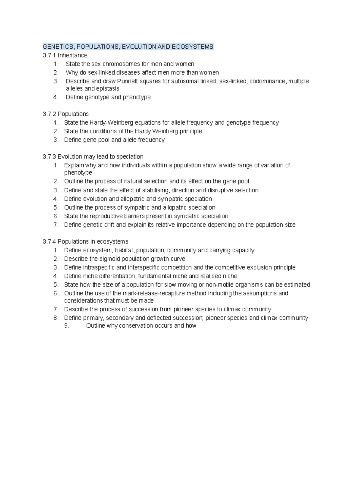 Genetics, Populations, Evolution AND Ecosystems Recall Questions ...