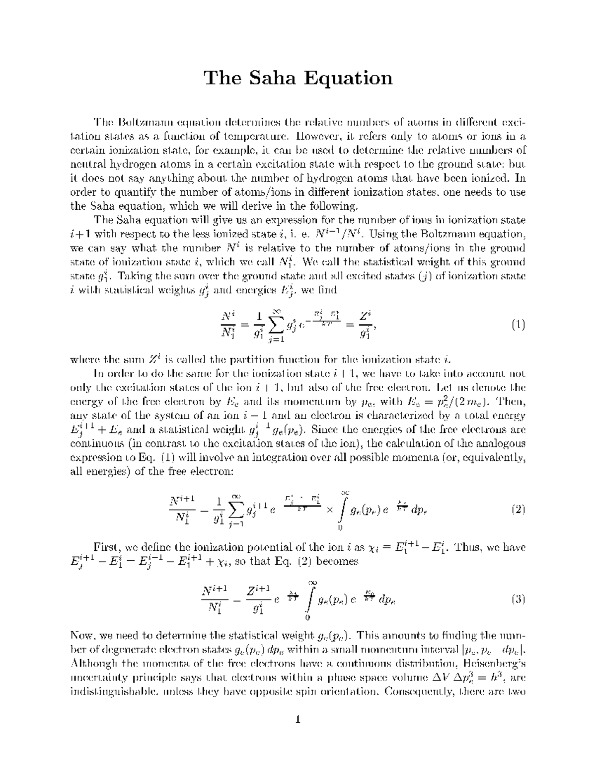 Saha equation handout - The Saha Equation The Boltzmann equation ...