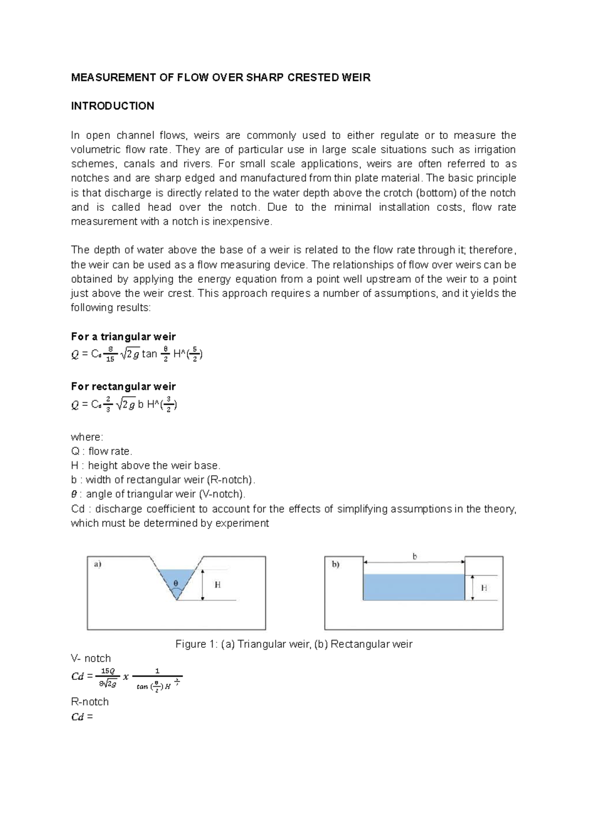 Crested WEIR Report - lab - MEASUREMENT OF FLOW OVER SHARP CRESTED WEIR ...