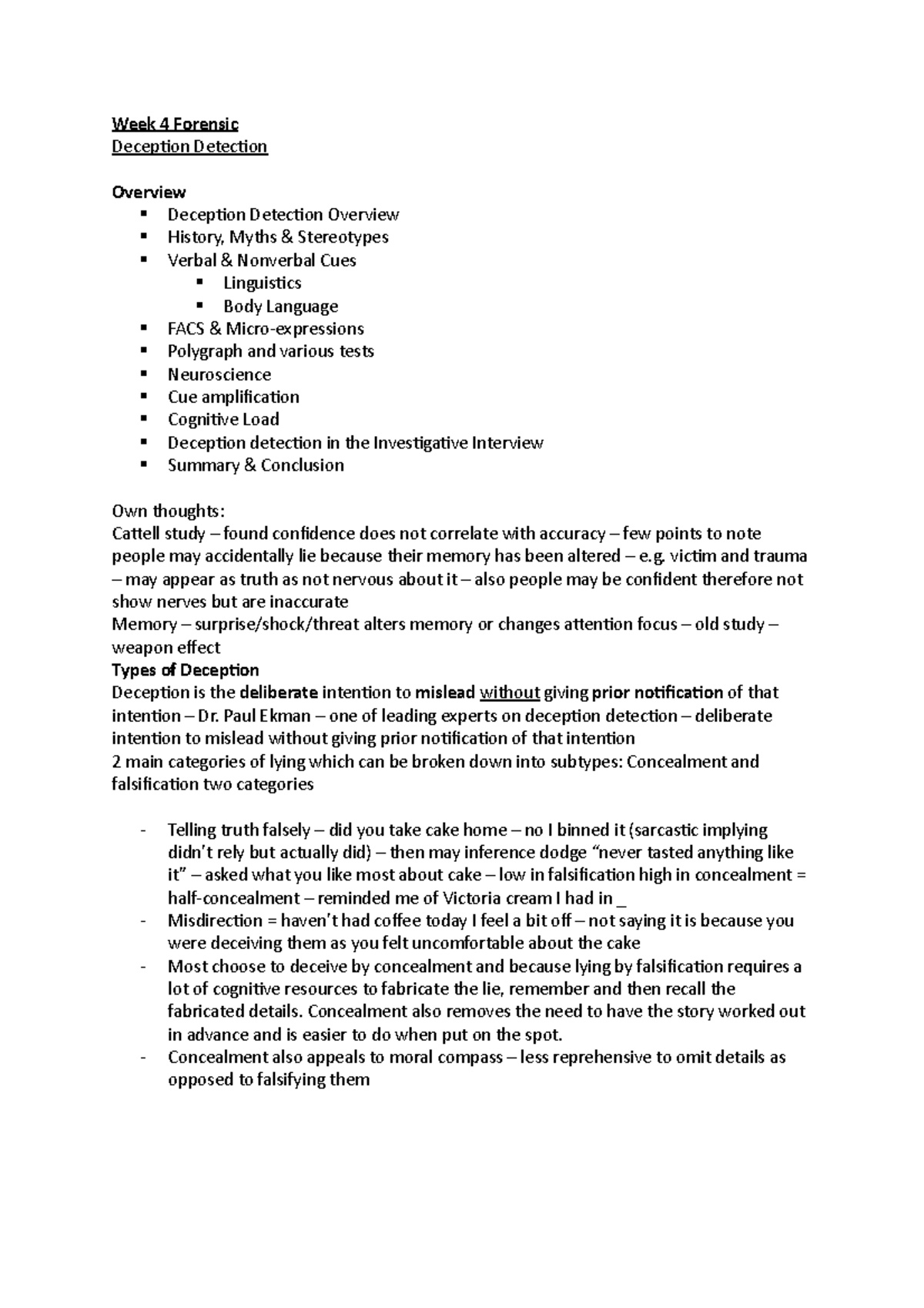 Lecture 4 - Deception Detection - Week 4 Forensic Deception Detection Overview § Deception ...