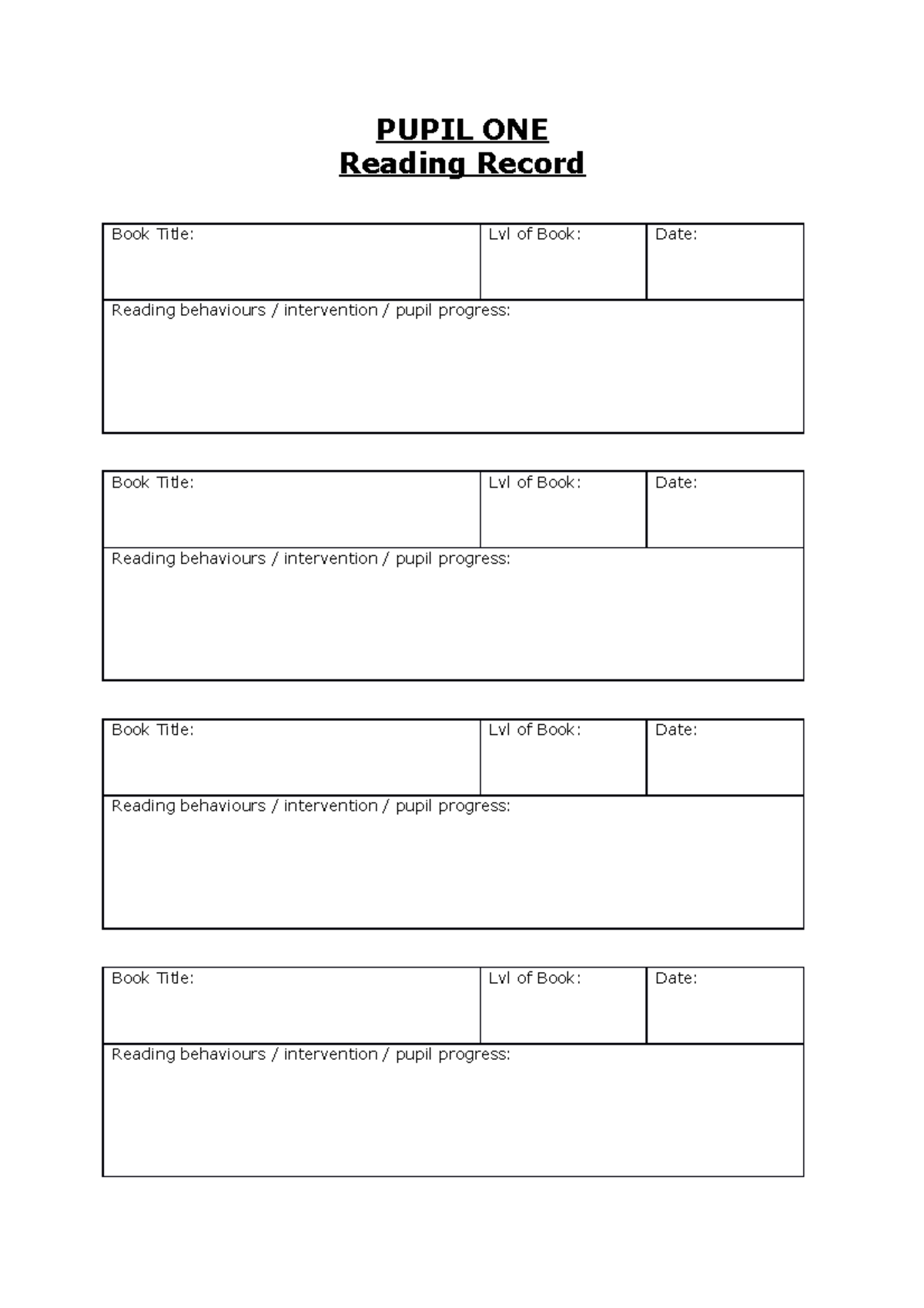 Reading-Records - Focus Pupil Records - Reading RecordPUPIL ONE Book ...