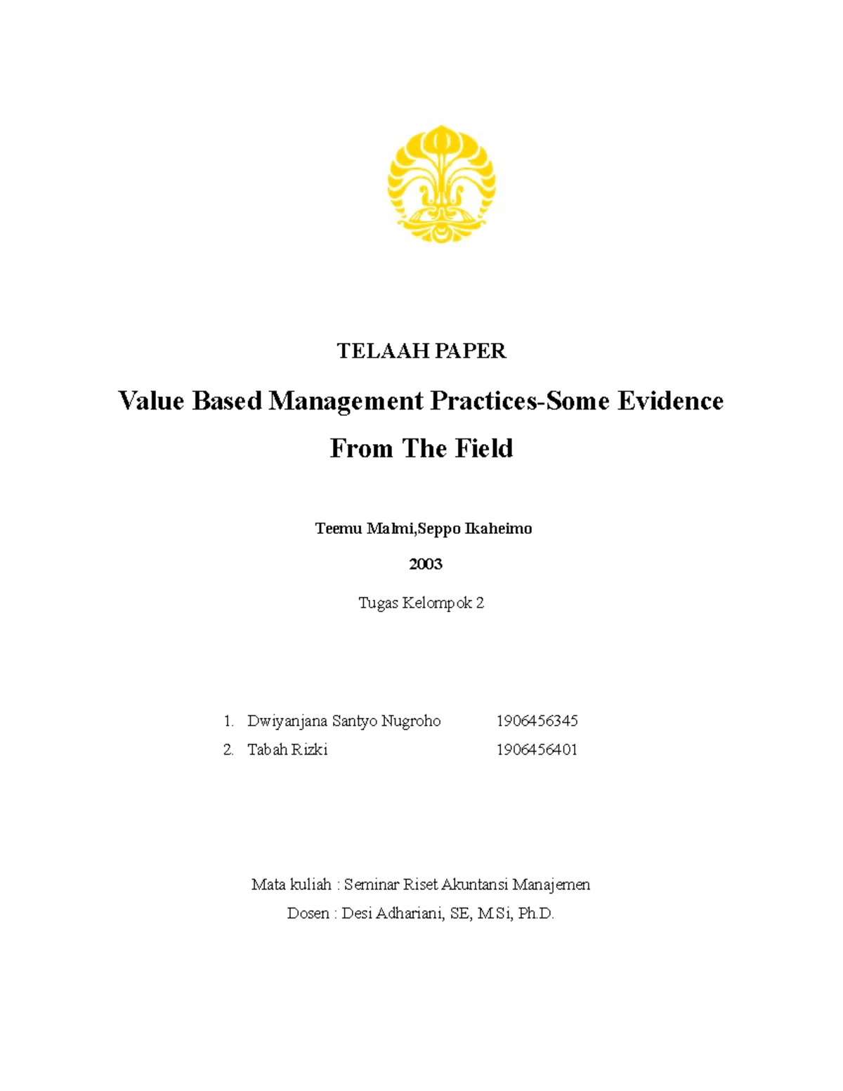 Telaah Paper SRAM bagian santyo - TELAAH PAPER Value Based Management ...