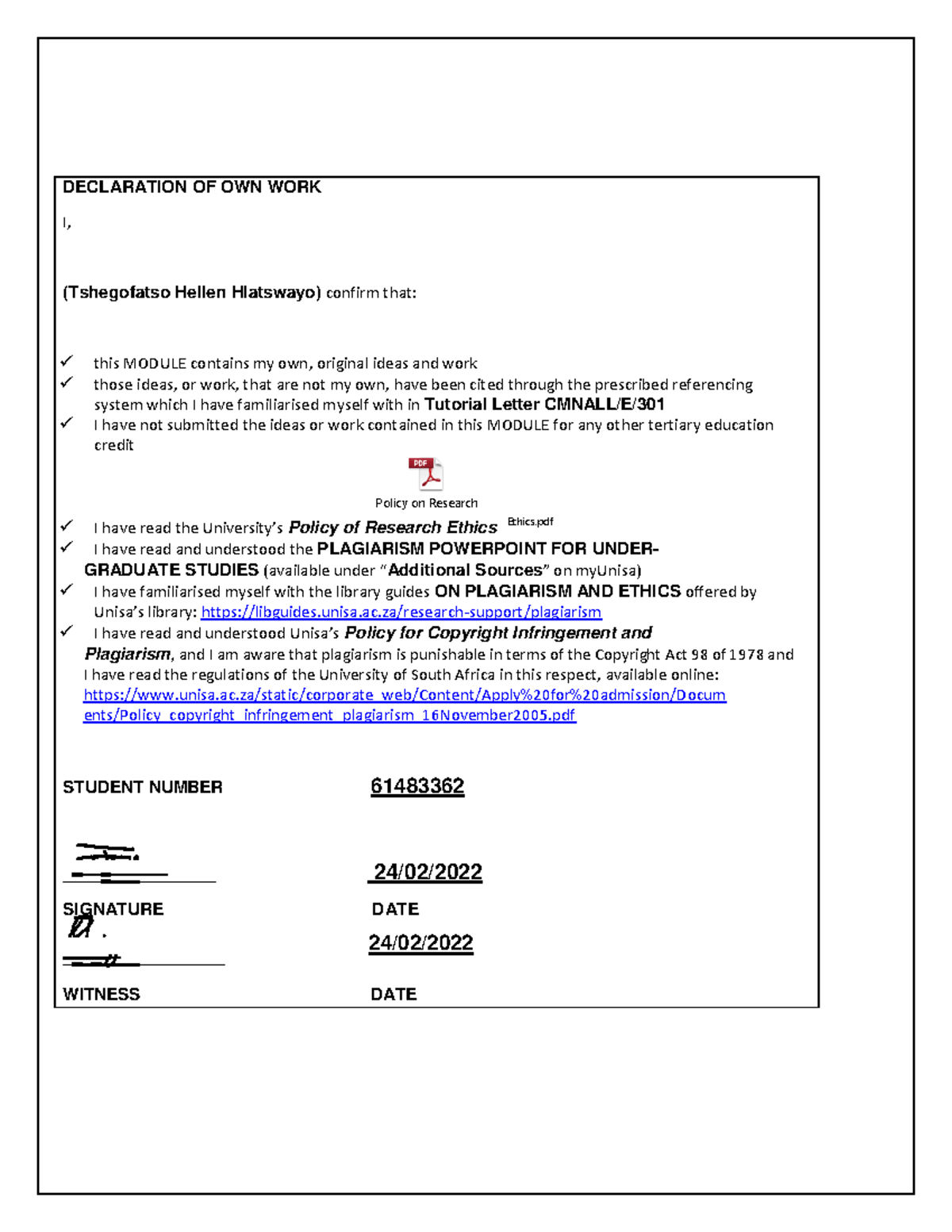 DPR1504 - Assignment 2 - DECLARATION OF OWN WORK I, (Tshegofatso Hellen ...
