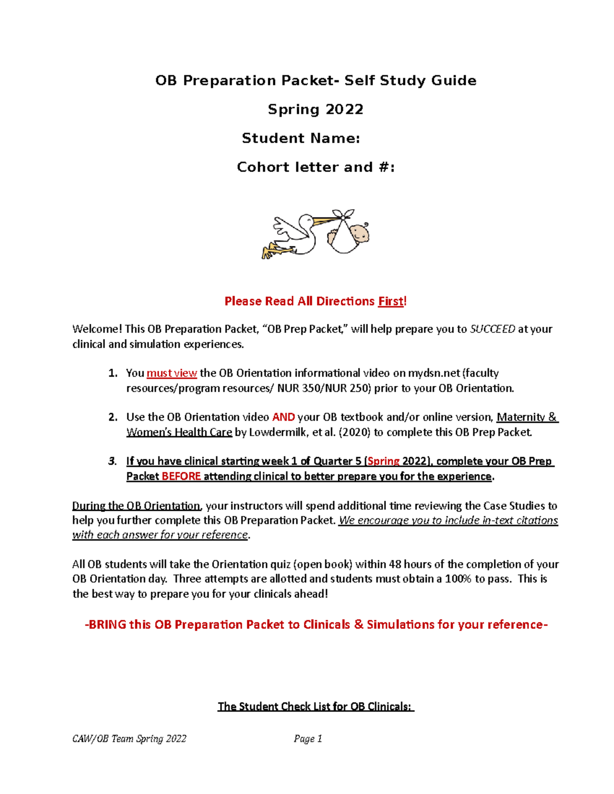 OB Preparation Packet Spring 2022 3-2-22 - OB Preparation Packet- Self ...