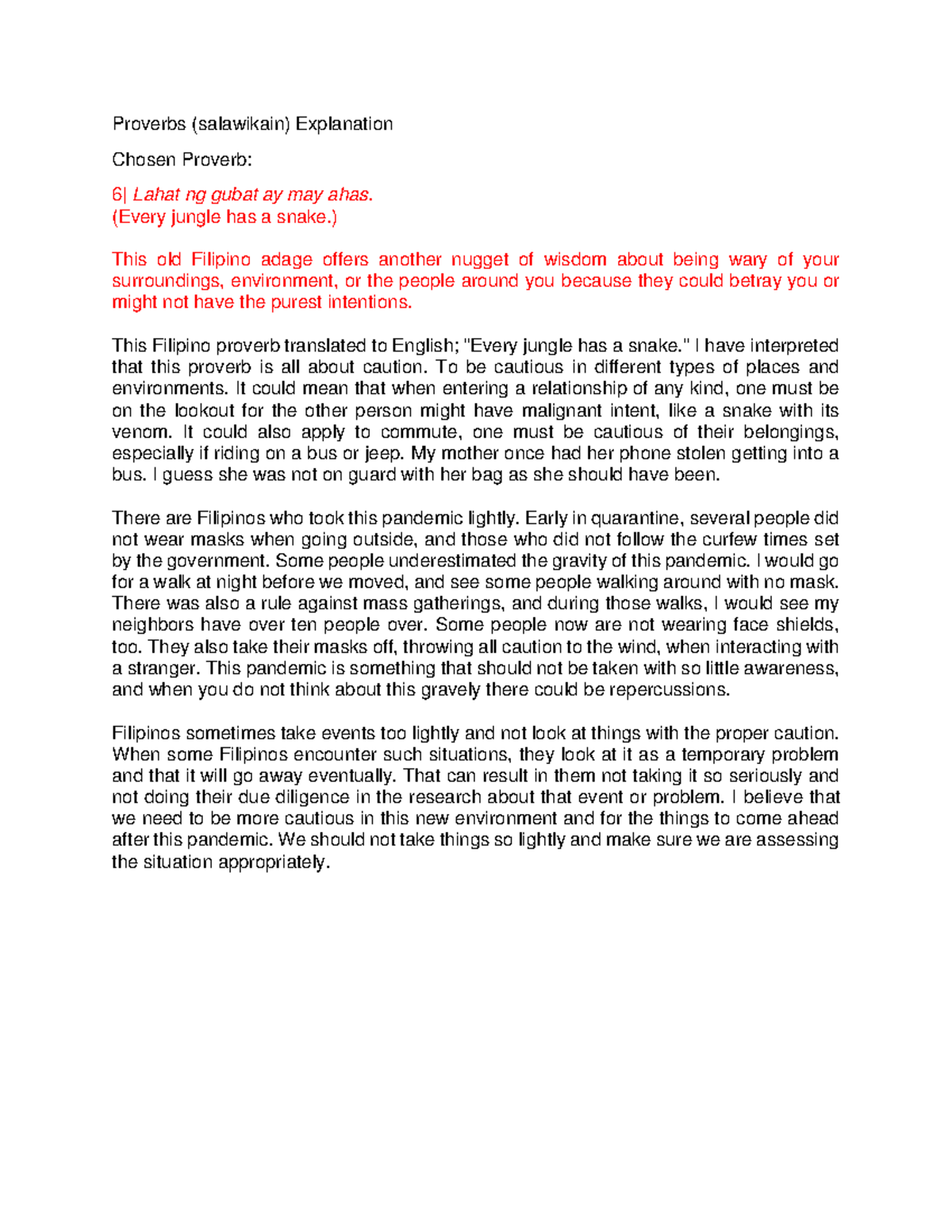 Proverbs (Salawikain) Essay - Proverbs (salawikain) Explanation Chosen ...