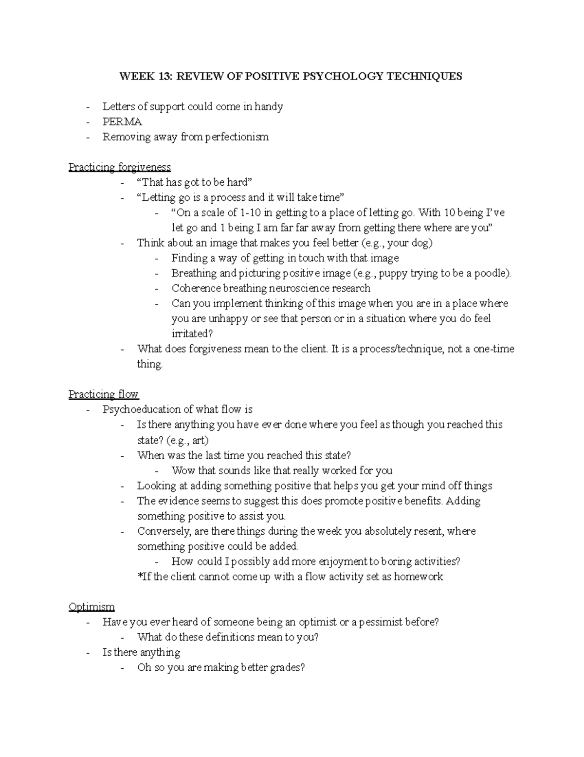 COU301 WEEK 13 Review OF Positive Psychology Techniques Tutorial Notes ...