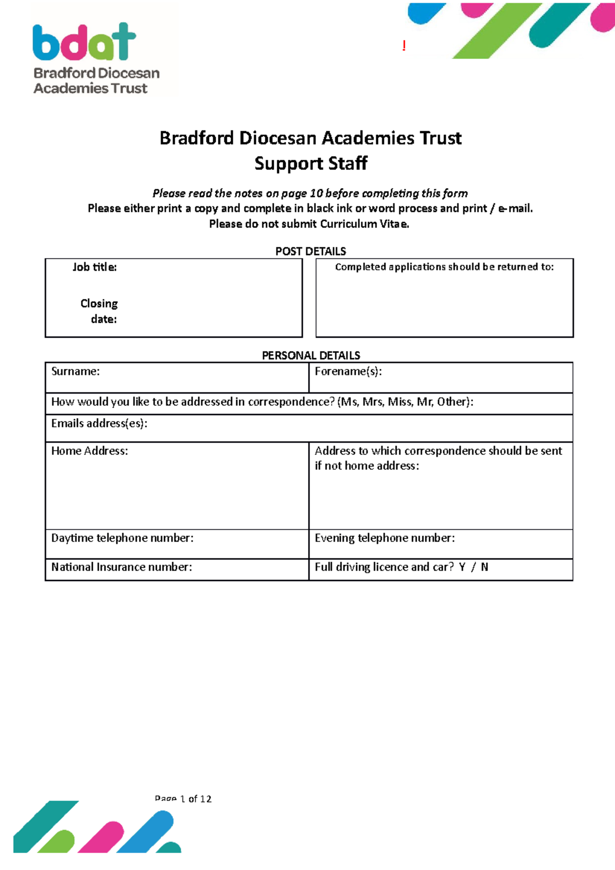 BDAT Support Staff Application form - Bradford Diocesan Academies Trust ...
