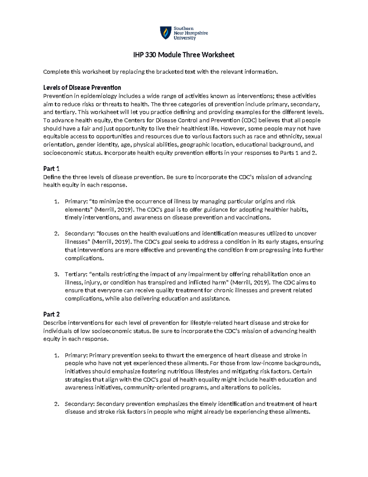 IHP 330 Module Three Worksheet - IHP 330 Module Three Worksheet Complete this worksheet by ...