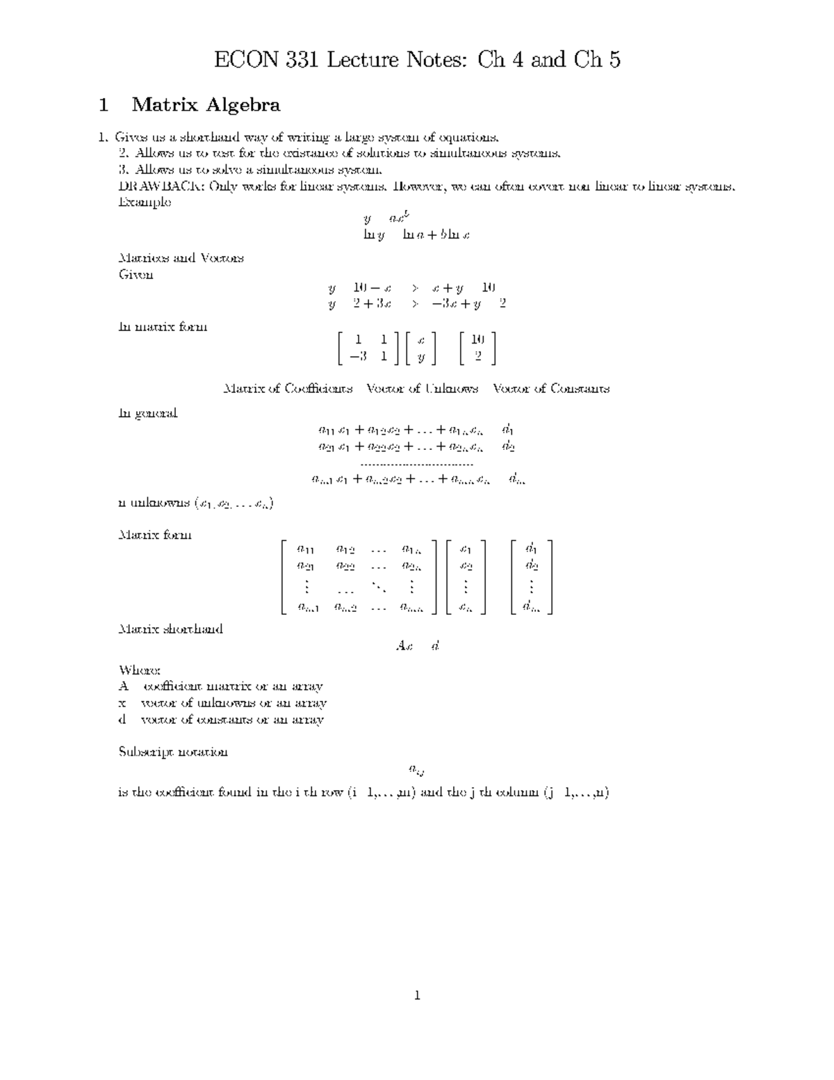 L1-Matrix Algebra - ECON331Lecture Notes: Ch4andCh 1 Matrix Algebra ...