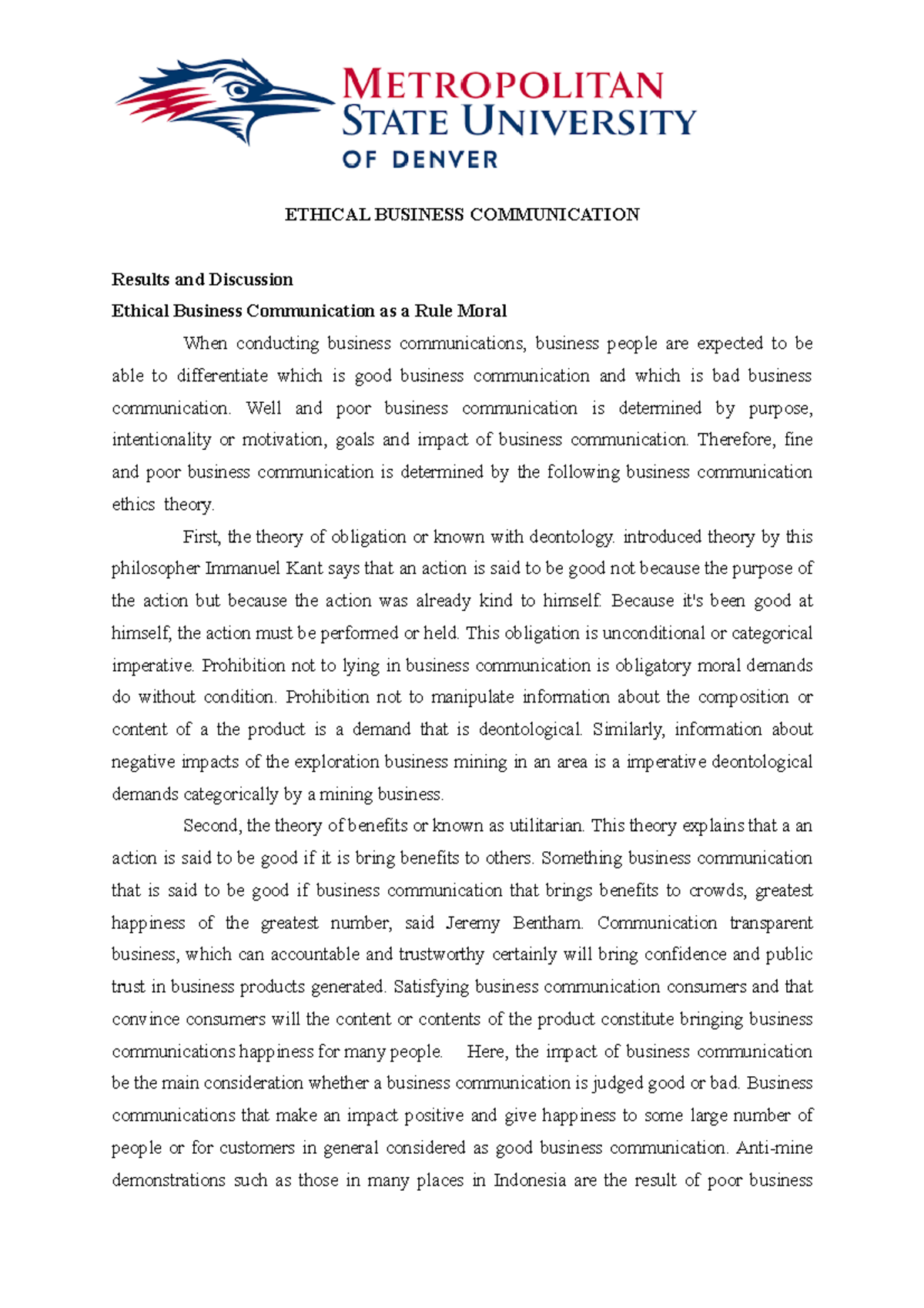 Ethical Business Communication (Results and Discussion) - ETHICAL ...