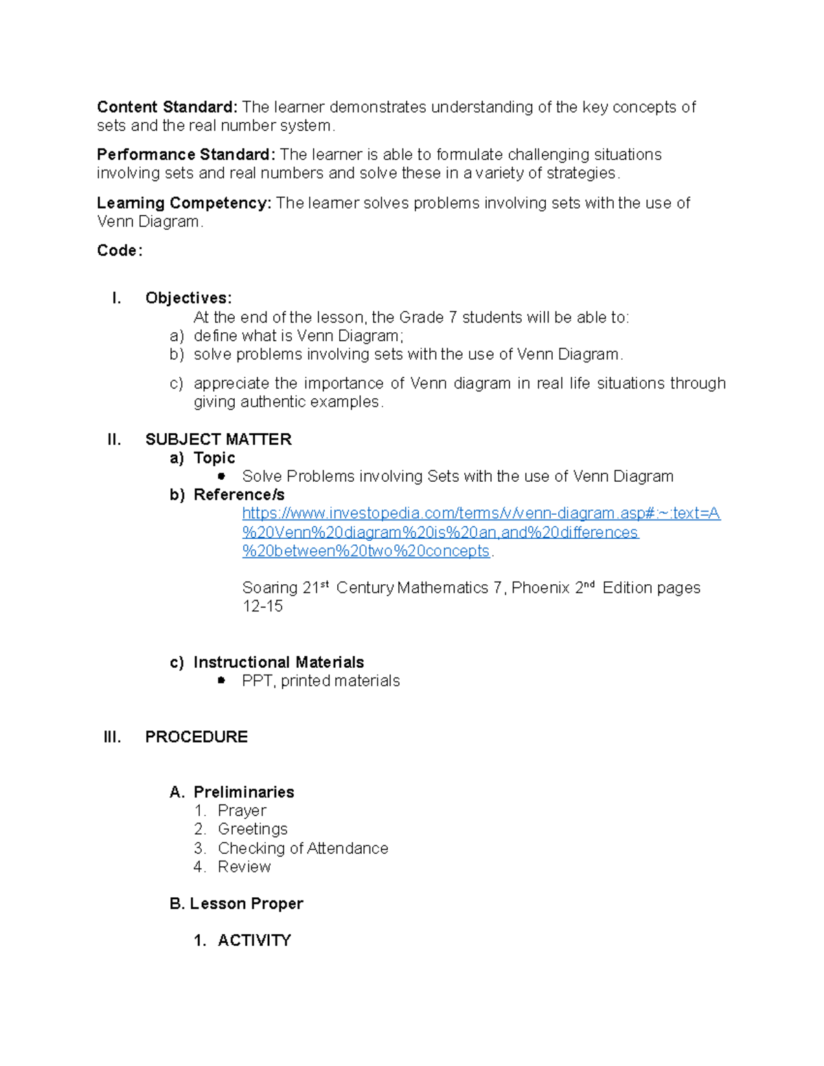 Oslec Lesson plans P 1Q - Content Standard: The learner demonstrates ...