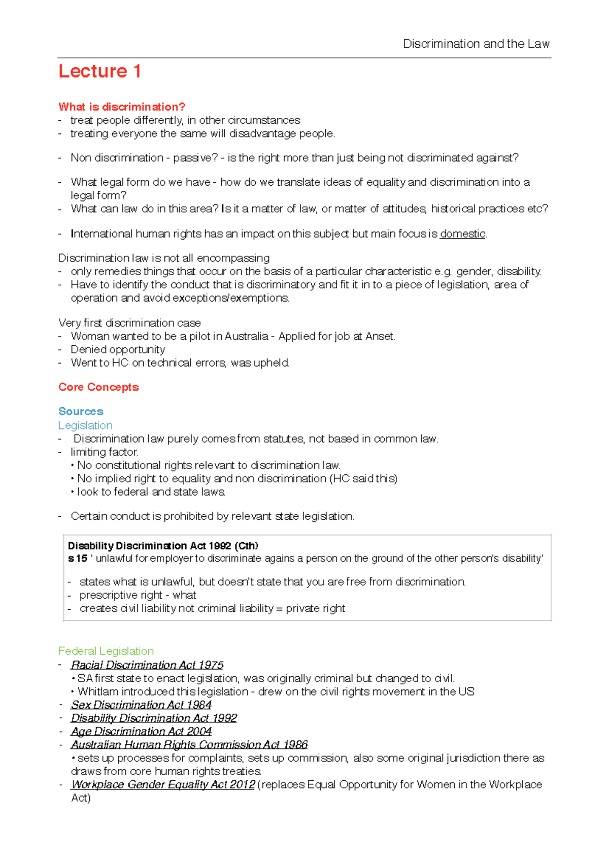 Discrimination-complete-summary - Discrimination and the Law Lecture 1 ...