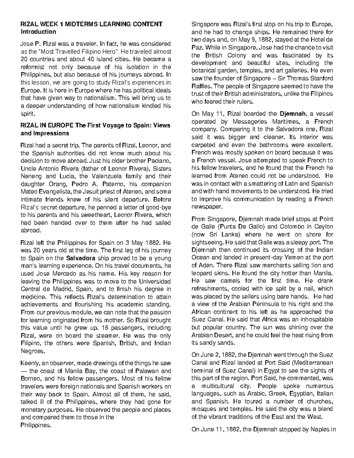 RIZAL SUBJECT SUMMARY FOR FINAL EXAMINATION - RIZAL WEEK 1 MIDTERMS ...