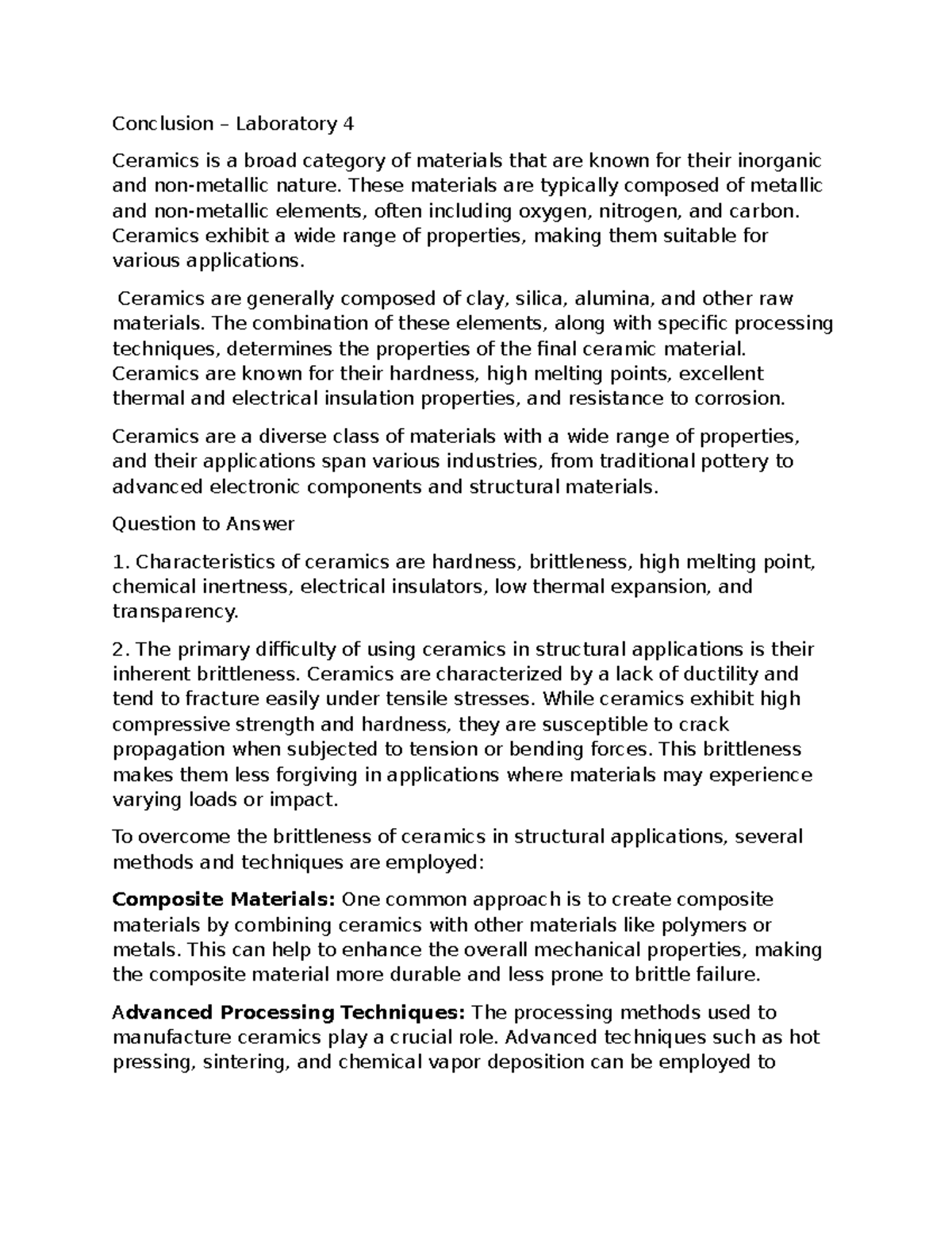 Conclusion Laboratory 4 - Conclusion – Laboratory 4 Ceramics is a broad ...
