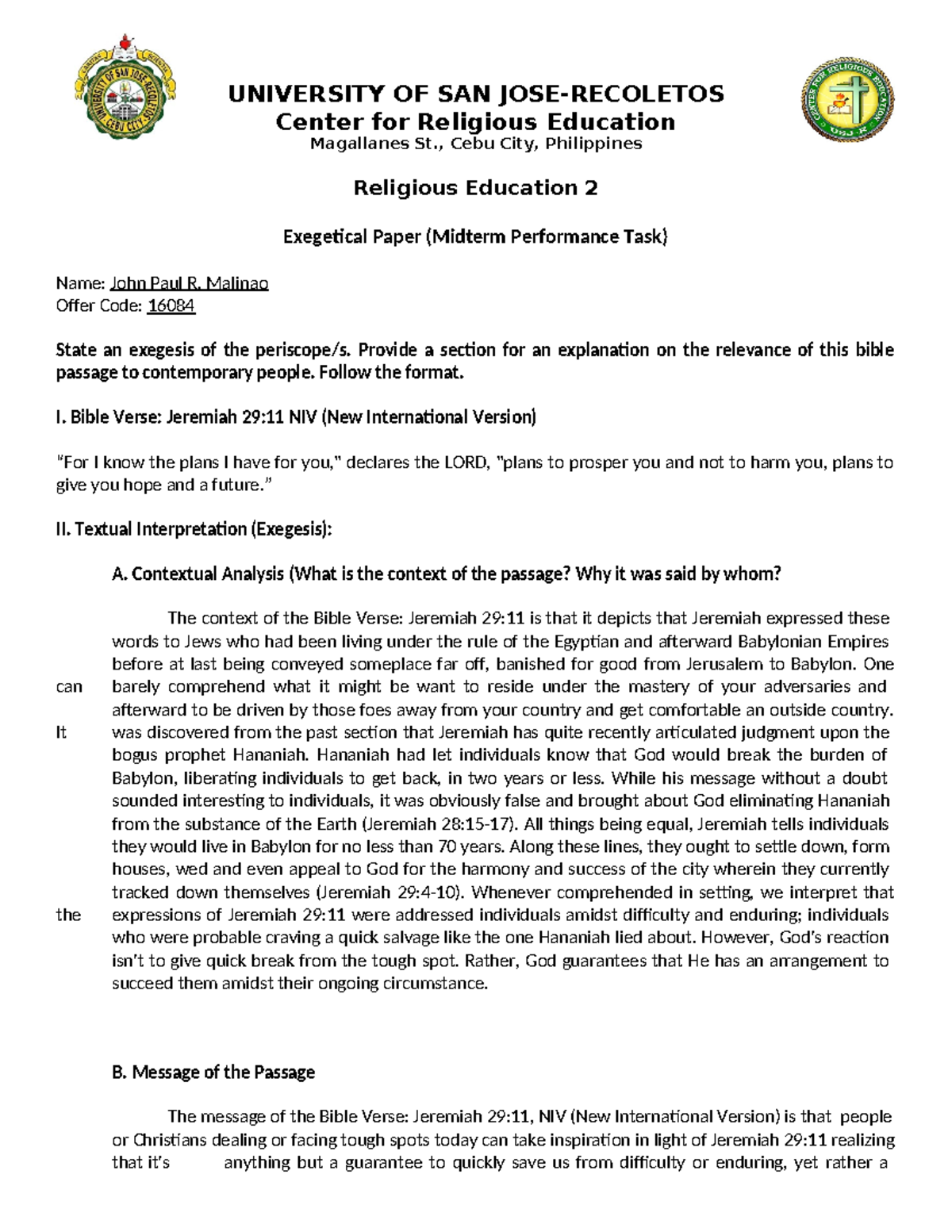 Exegetical Paper 2 (Midterm Performance Task) - UNIVERSITY OF SAN JOSE ...