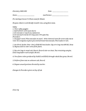 Lab 10 - Class Pre-Lab Work. Hand written and explained. - Chemistry ...