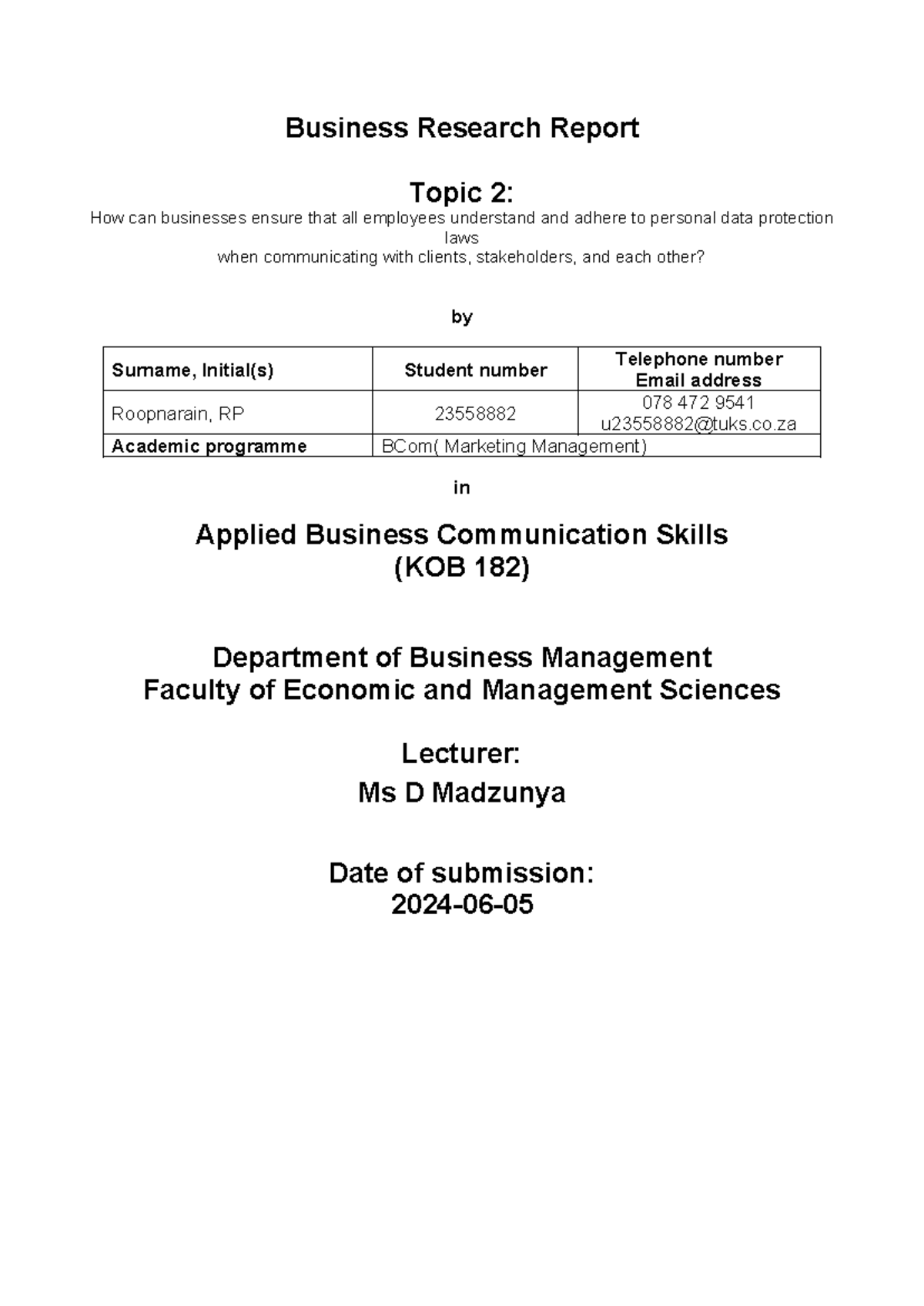 Exam template 182 - KON EXAM ASSIGNMENT RUBRIK - Business Research ...