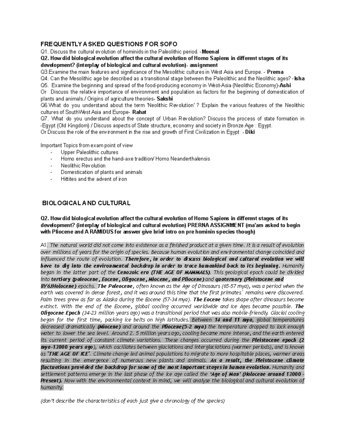 Sofo I - FREQUENTLY ASKED QUESTIONS FOR SOFO Q1. Discuss the cultural evolution of hominids in ...