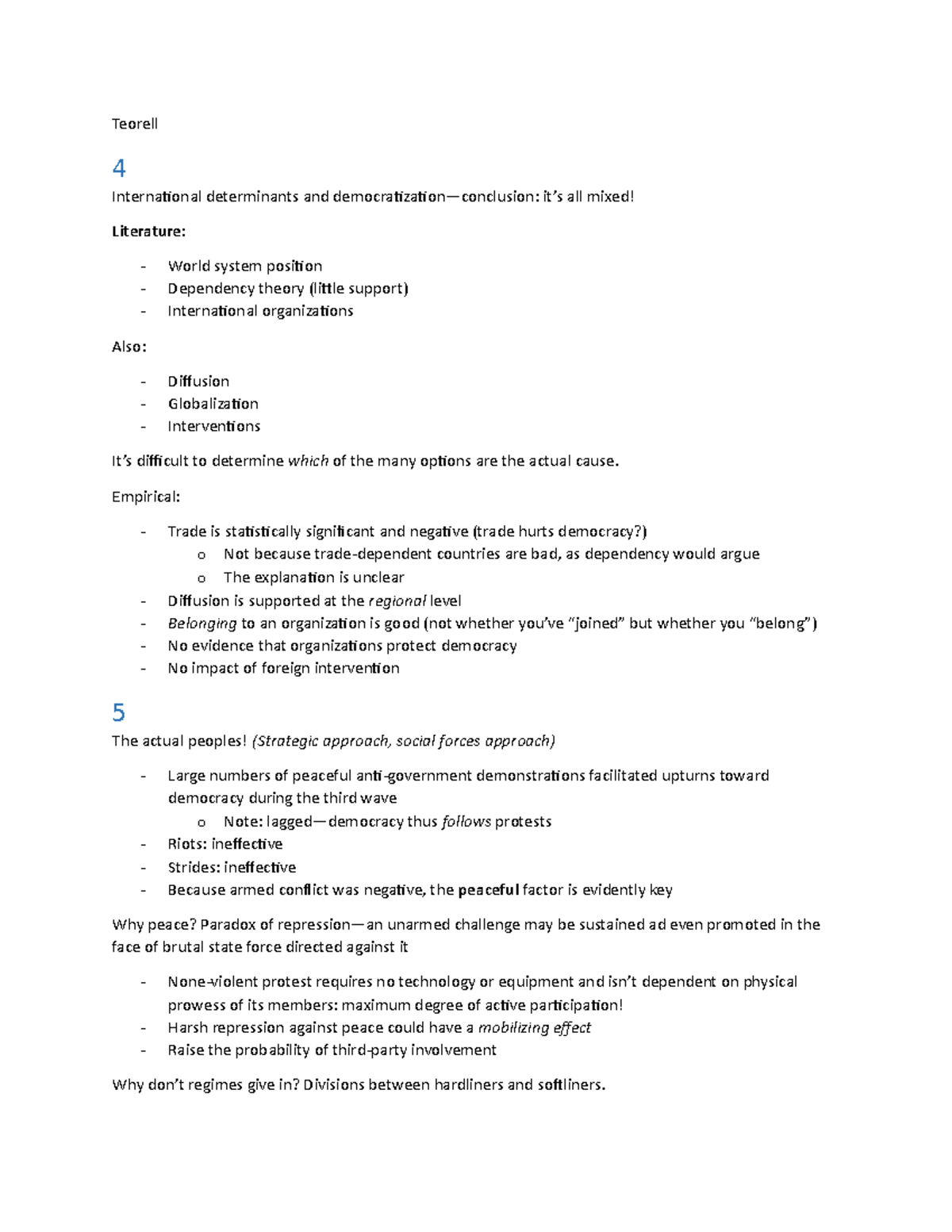 Week 7 - Teorell 4-7 - Overview - Teorell 4 International determinants ...