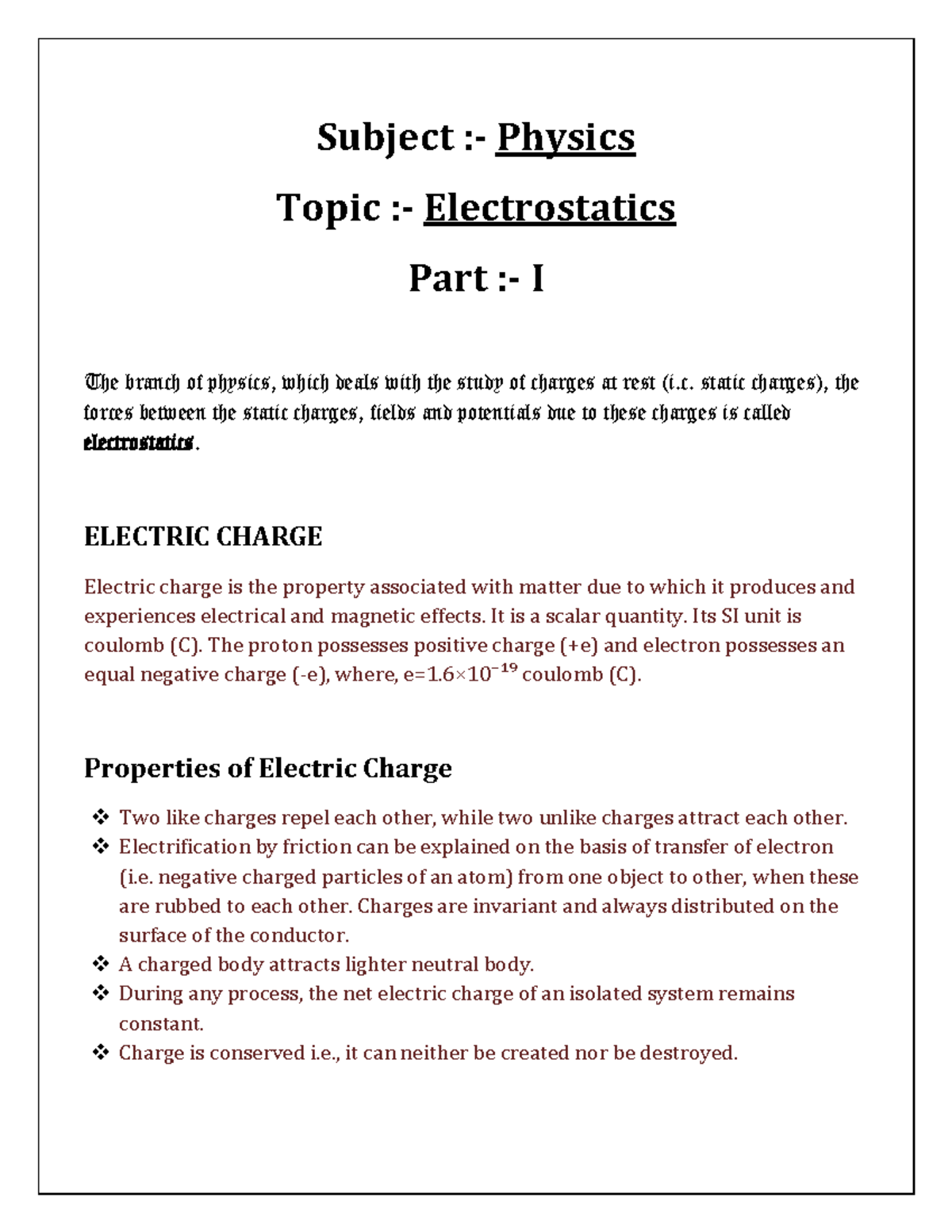 Electrostatics part 1 class notes - Subject :- Physics Topic ...