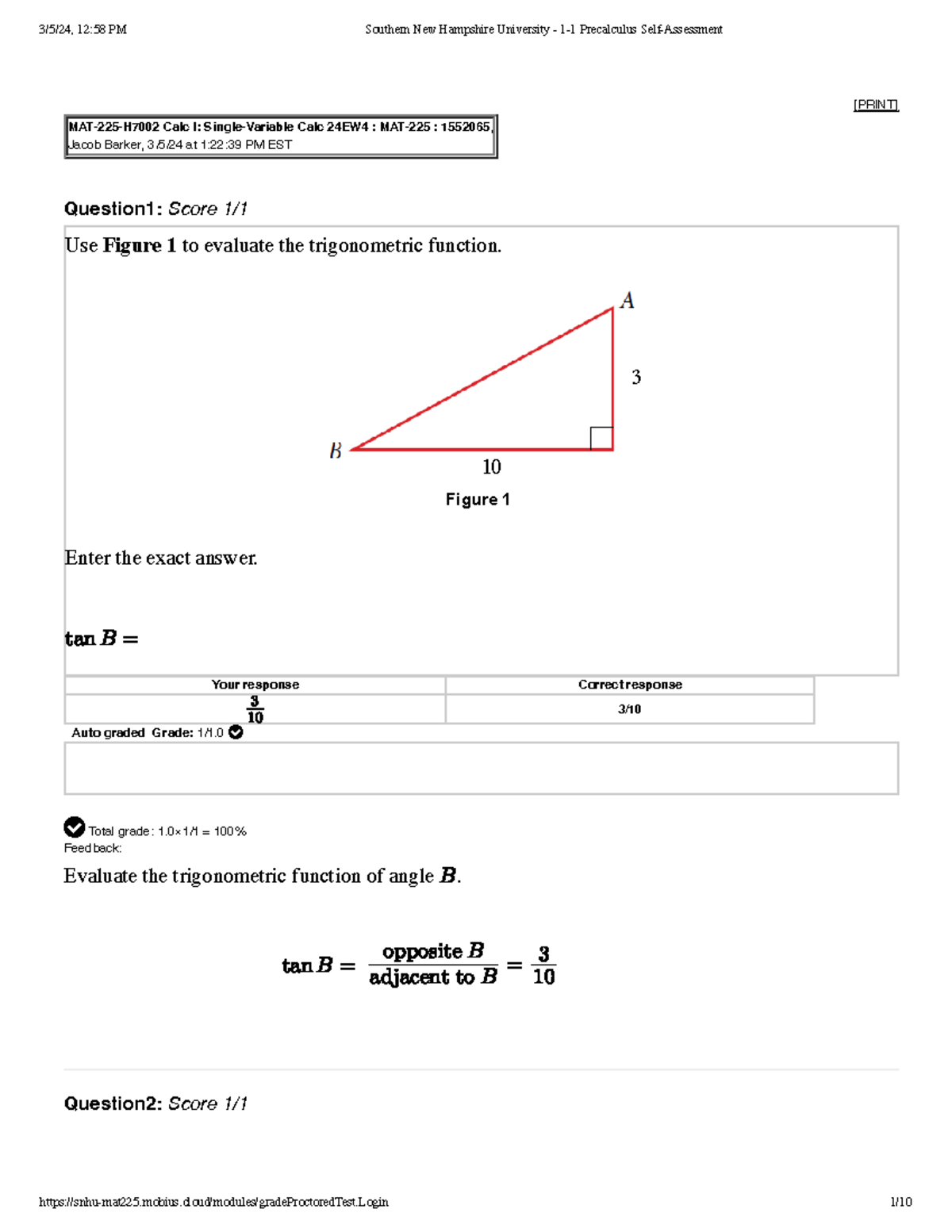 Southern New Hampshire University - 1-1 Precalculus Self-Assessment - [PRINT] MAT-225-H7002 Calc ...