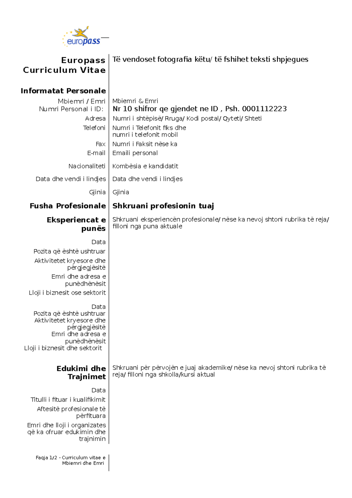 Wpdm-package cv-europas-shqip - Europass Curriculum Vitae Të vendoset ...