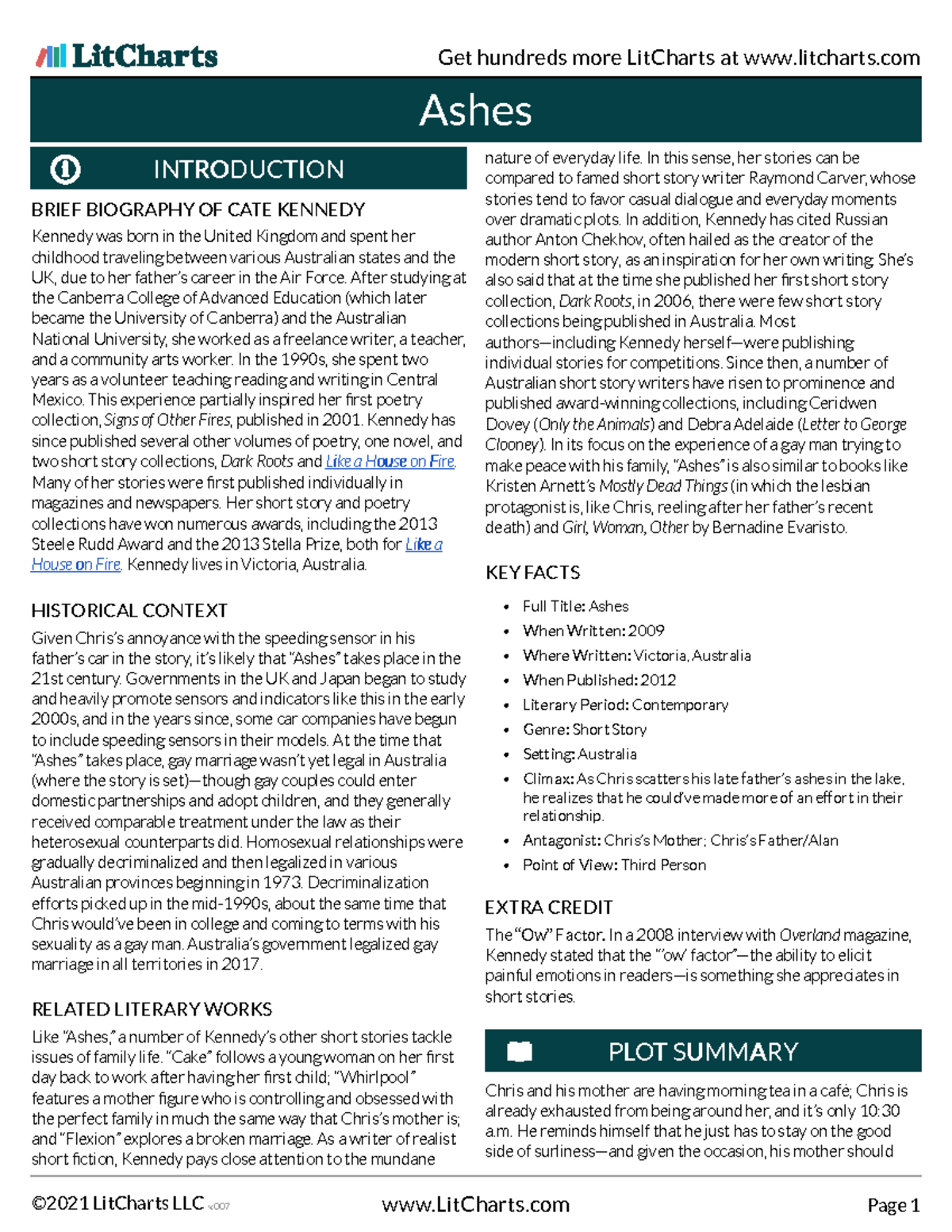 Ashes-Lit Chart - Ashes BRIEF BIOGRAPHY OF CATE KENNEDY Kennedy was ...