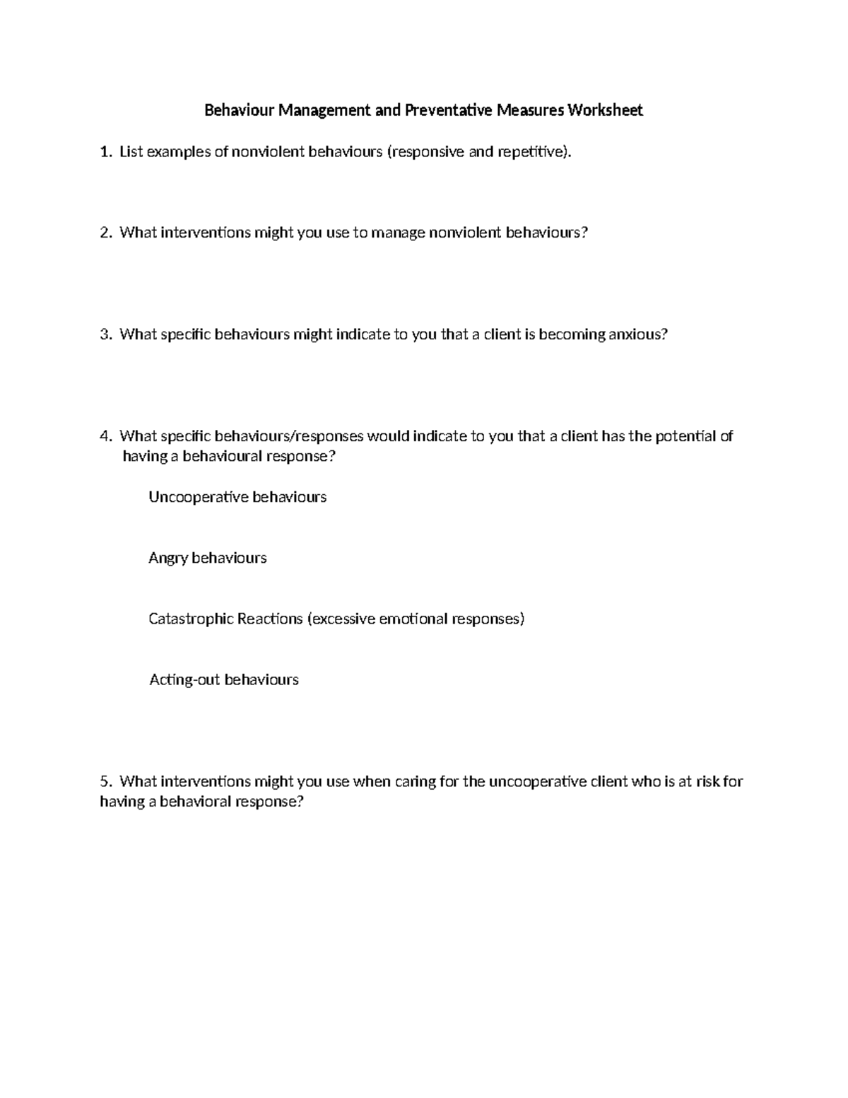 Behaviour Management and Restraints Worksheet - Behaviour Management ...